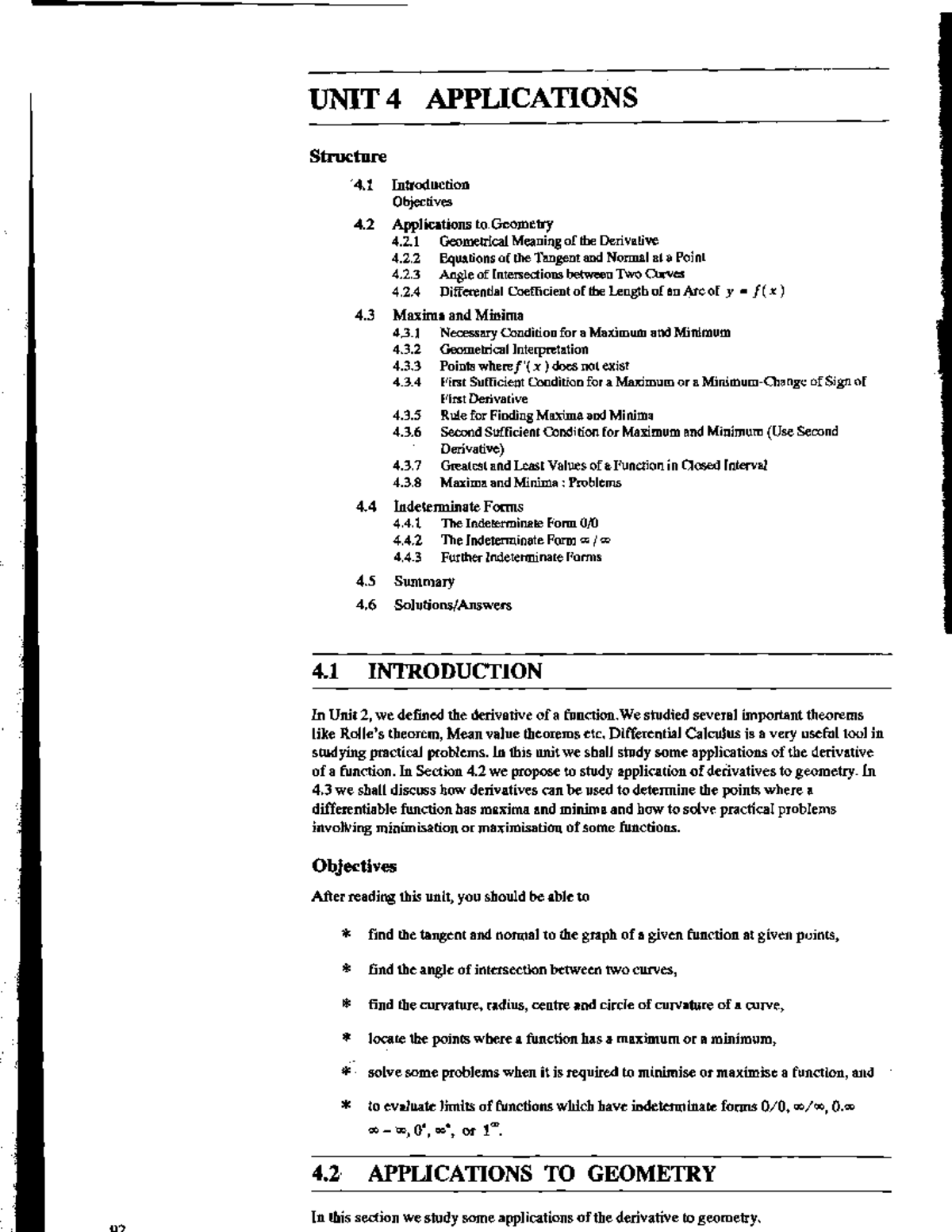 Unit-4 - Summary Calculus + Geometry And Vector Analysis - UNIT 4 APPLICATIONS Structure '4 ...