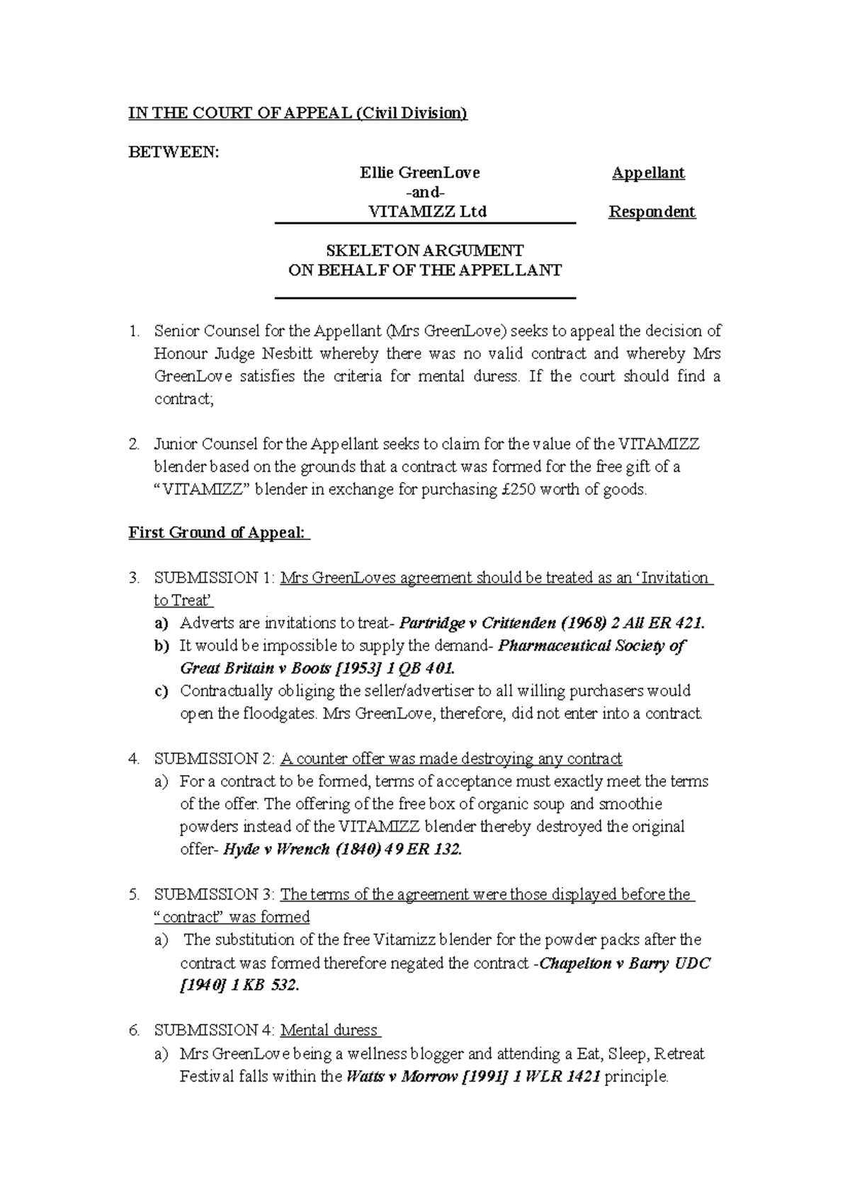 MOOT Skeleton Argument IN THE COURT OF APPEAL Civil Division