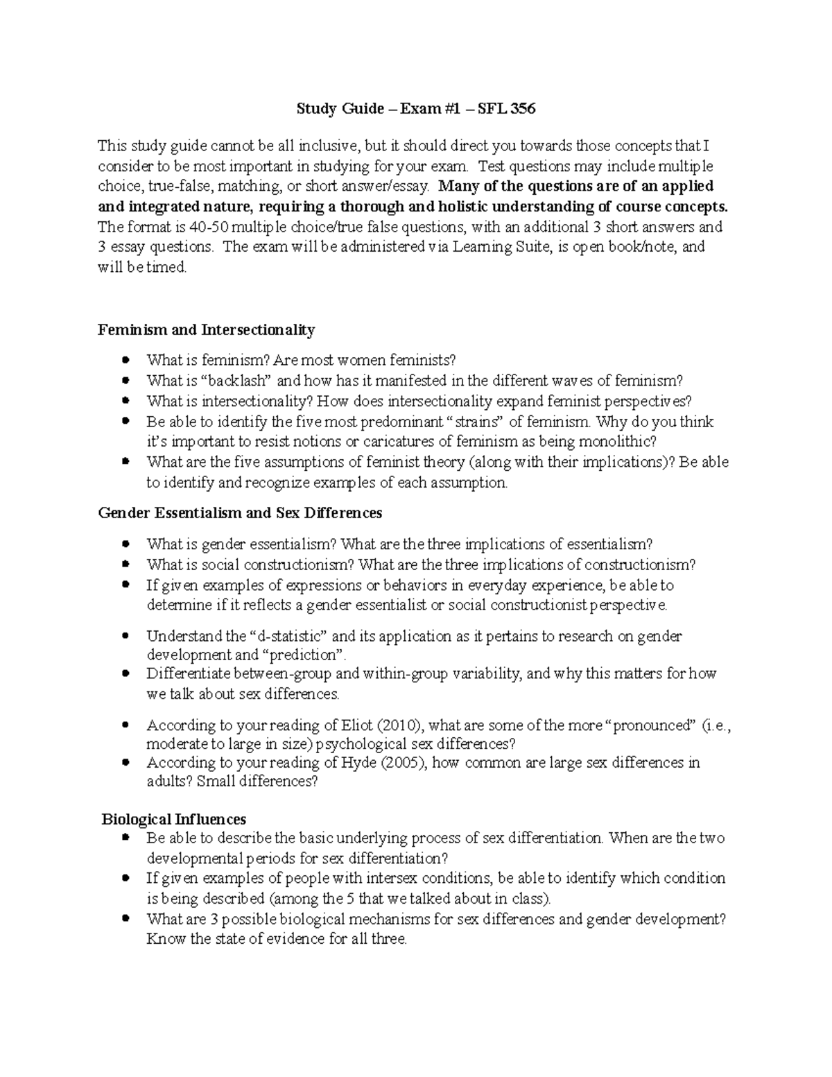 Exam 1 Study Guide - Study Guide – Exam #1 – SFL 356 This study guide ...