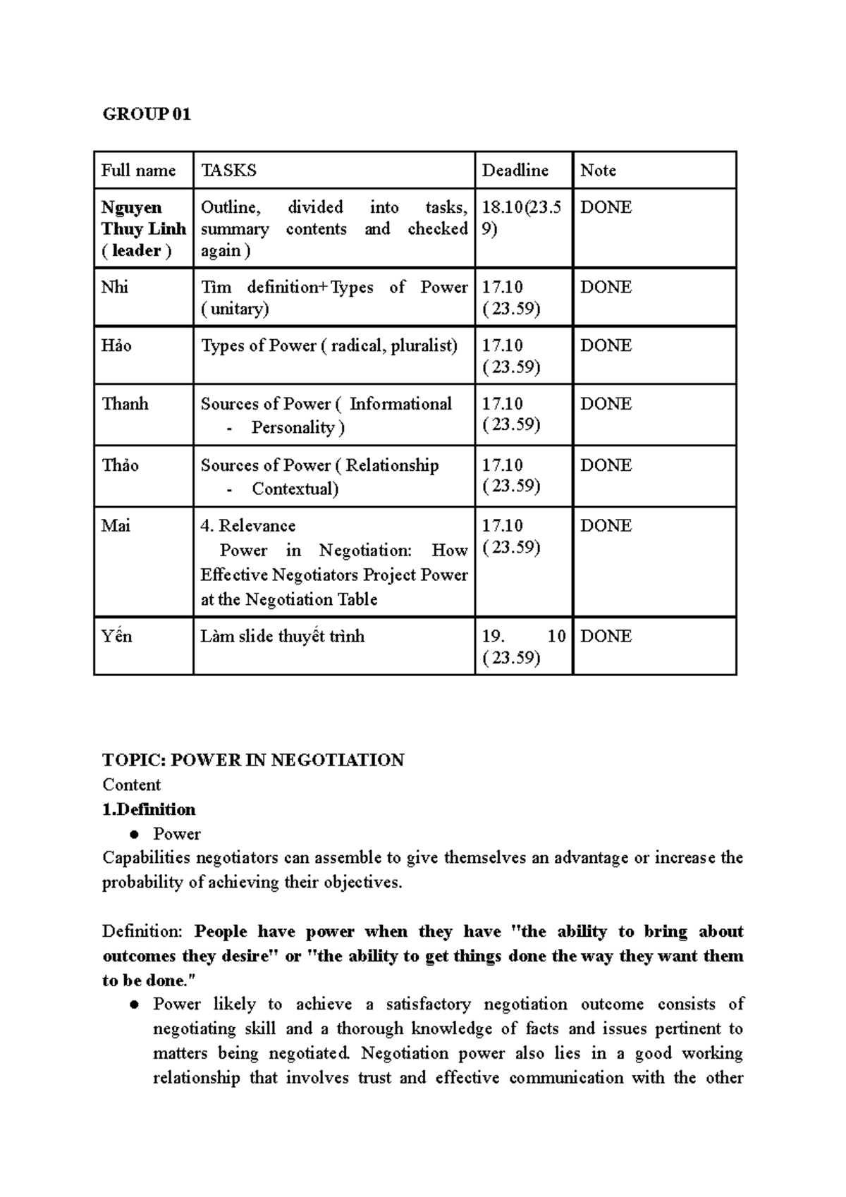 Power - Negotiation - GROUP 01 Full name TASKS Deadline Note Nguyen ...