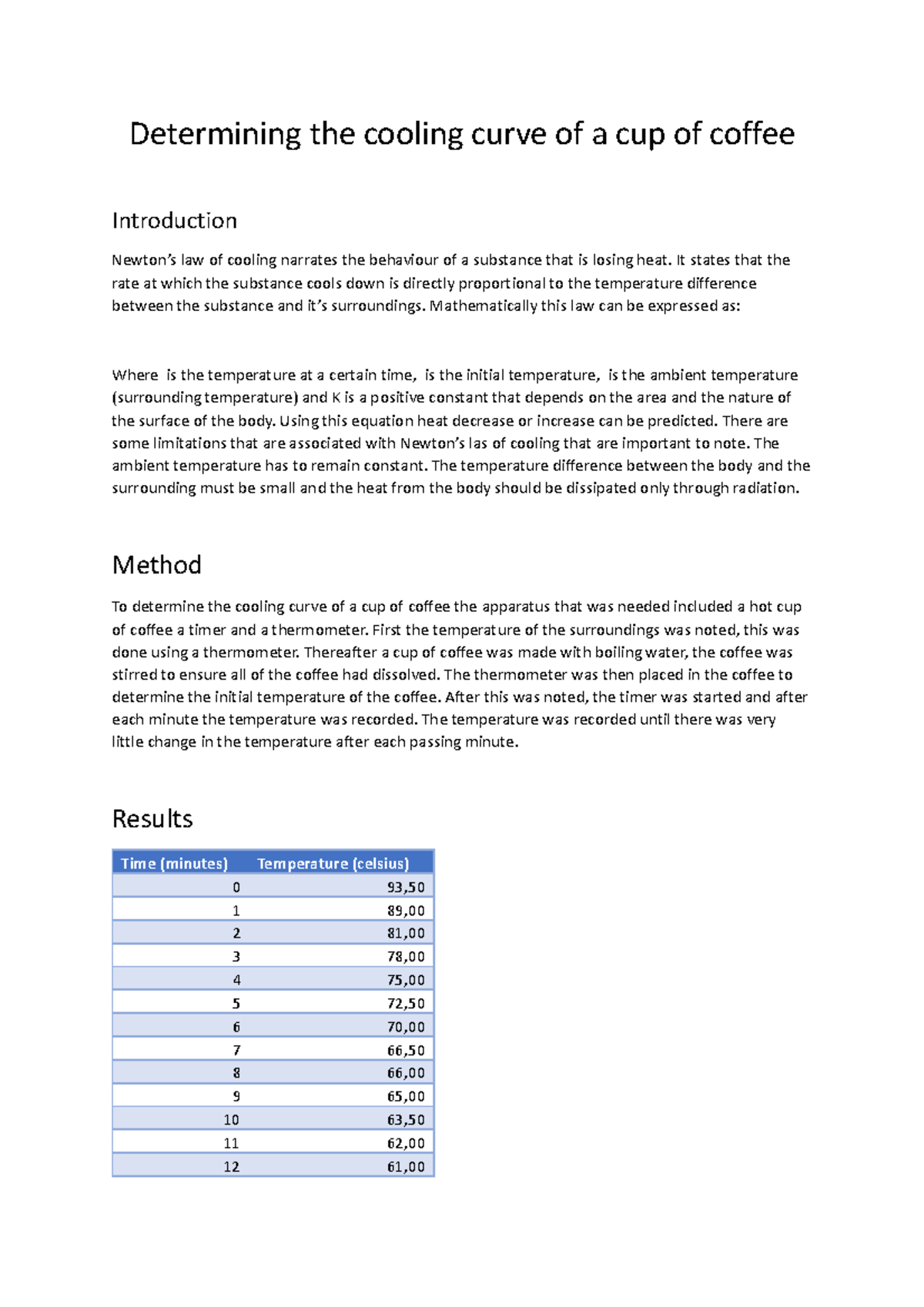 Determining the cooling curve of a cup of coffee - Determining the ...