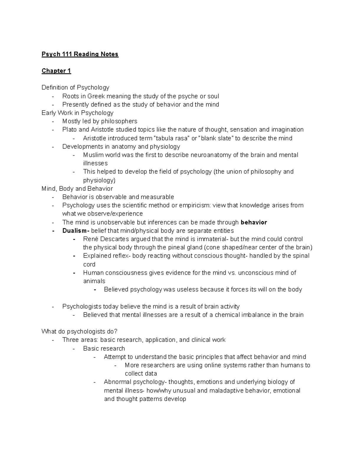 Psychology 111 Notes - Psych 111 Reading Notes Chapter 1 Definition of ...