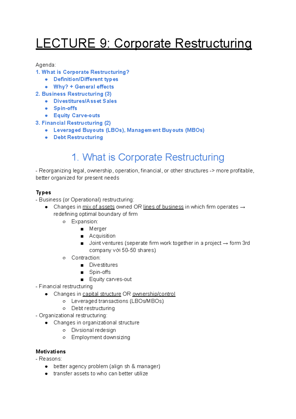 Corp Restructuring Definition Summary - LECTURE 9: Corporate ...
