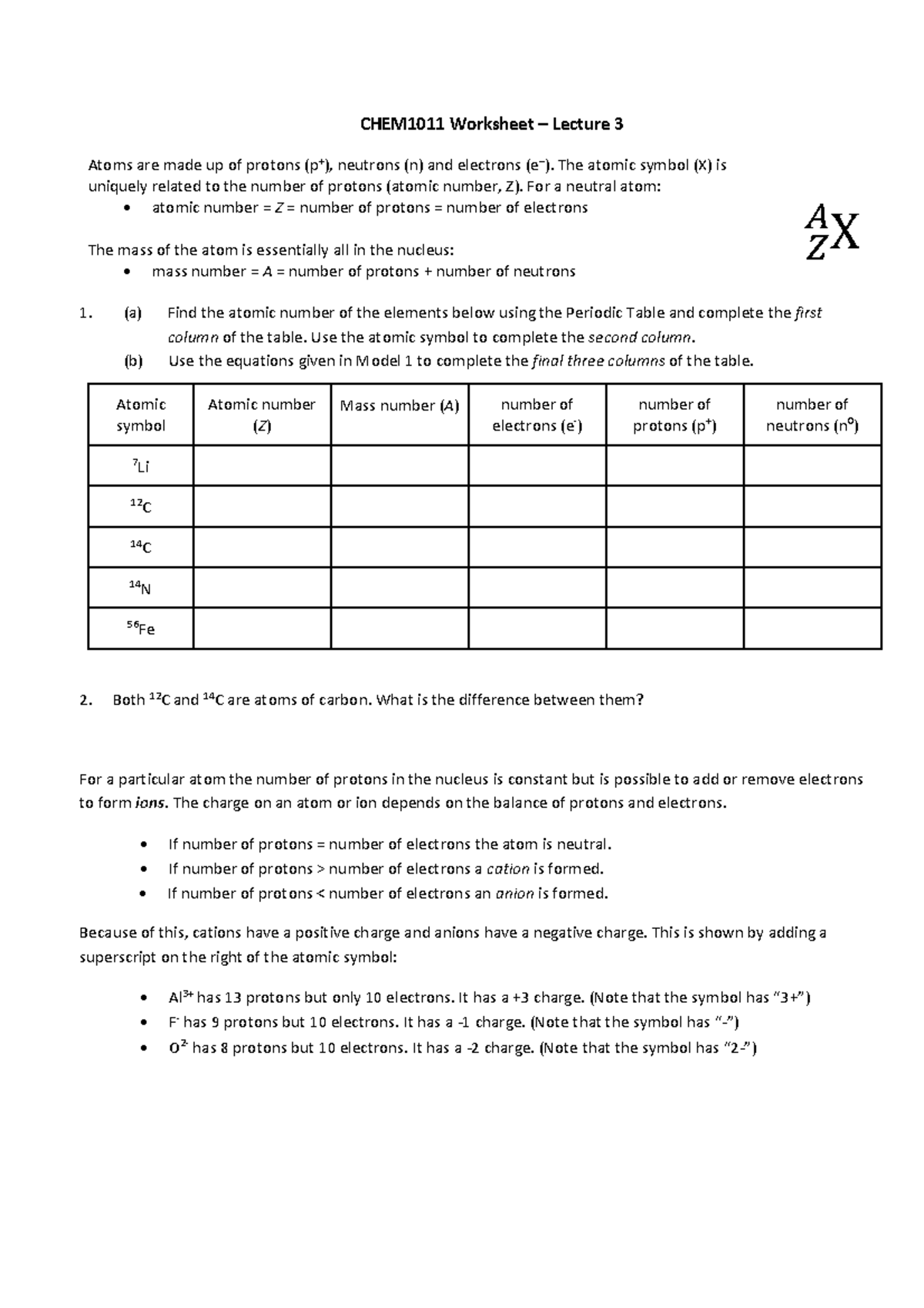 Worksheet 03 - chem - CHEM10 1 1 Worksheet – Lecture 3 Atoms are made ...