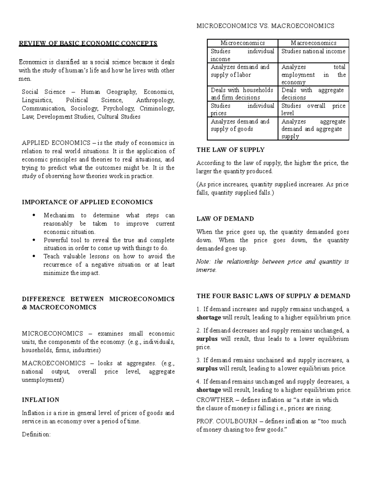 Review of Basic Economic Concepts - MICROECONOMICS VS. MACROECONOMICS ...