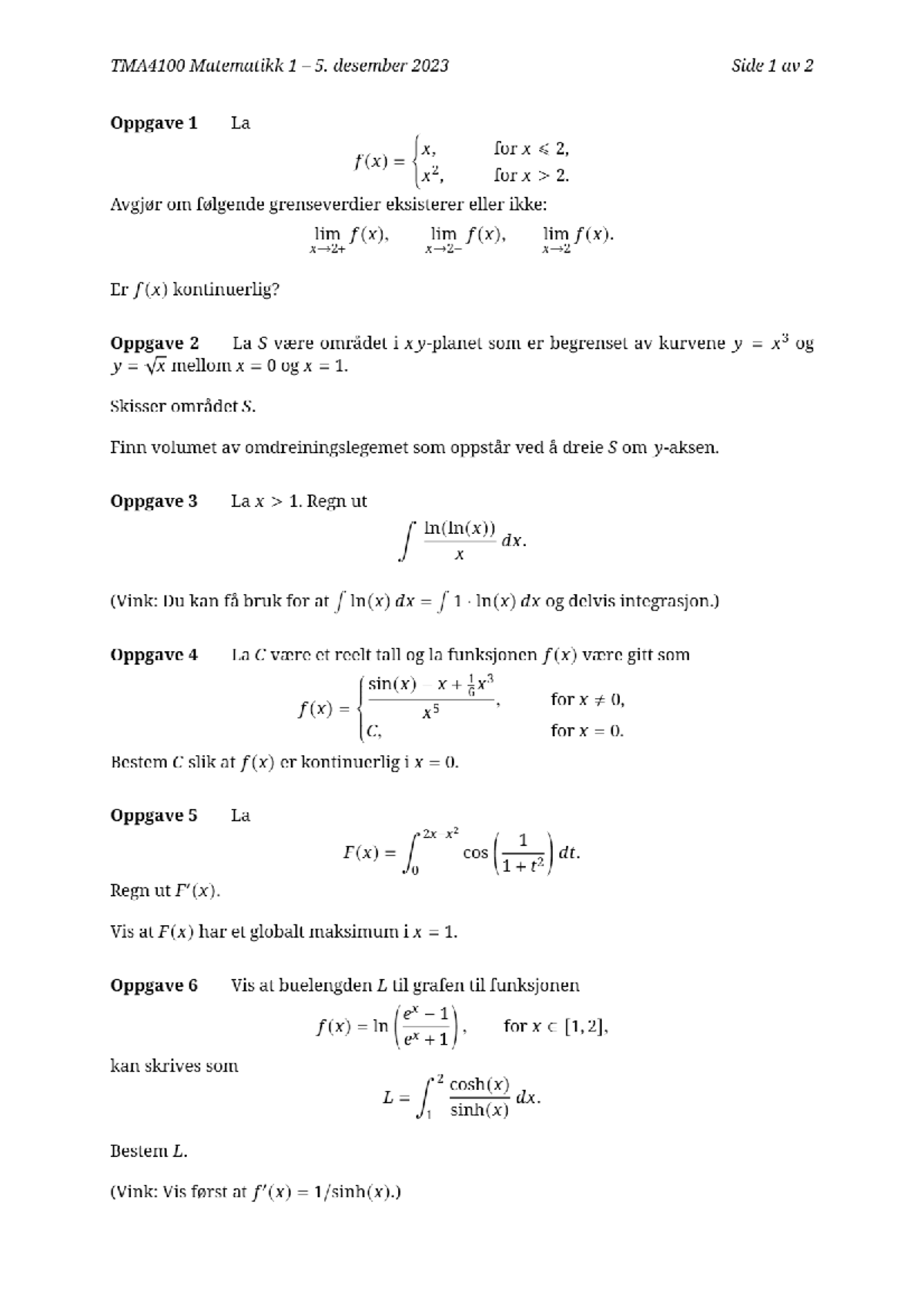 TMA4100 1 Matematikk 1 - Oppgaver - Studocu