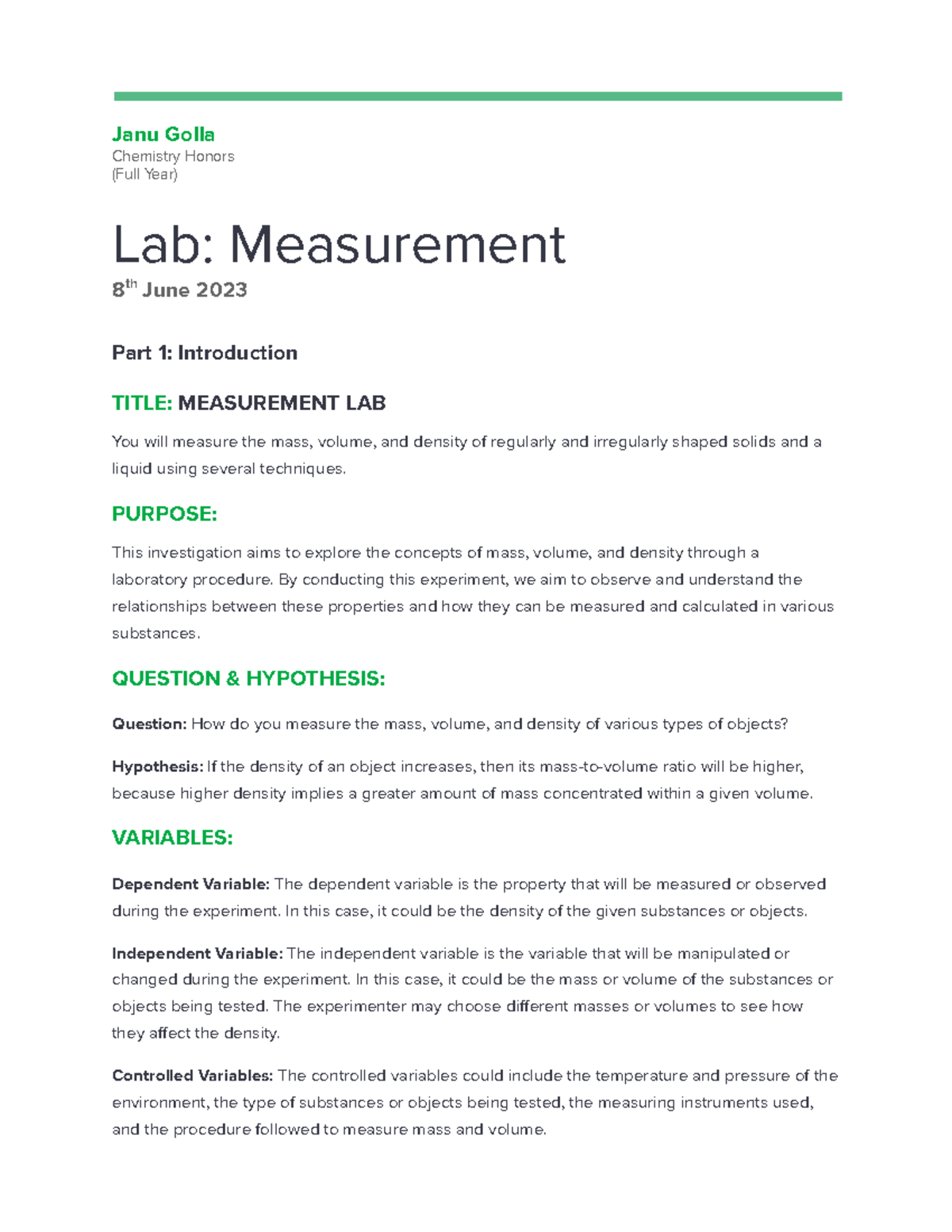 Lab Measurement (Janu Golla) - Janu Golla Chemistry Honors (Full Year ...