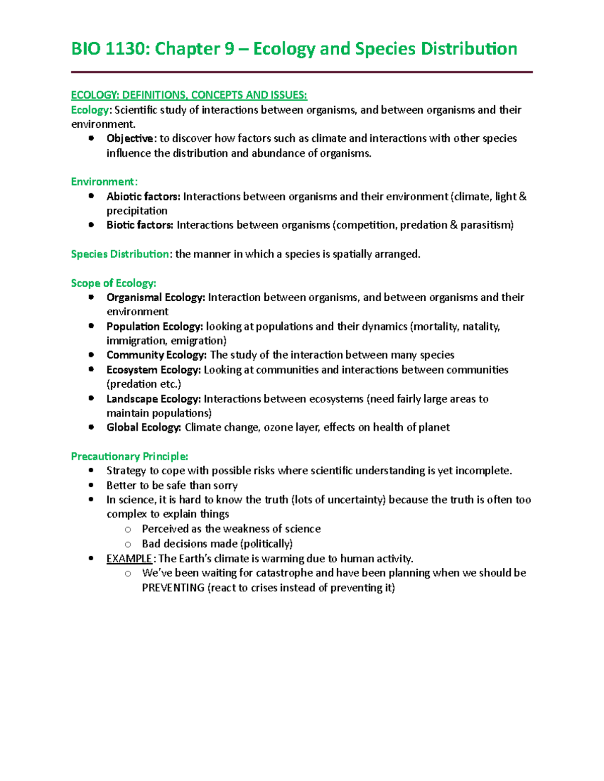 BIO 1130 - Chapter 9 - BIO 1130: Chapter 9 – Ecology and Species ...