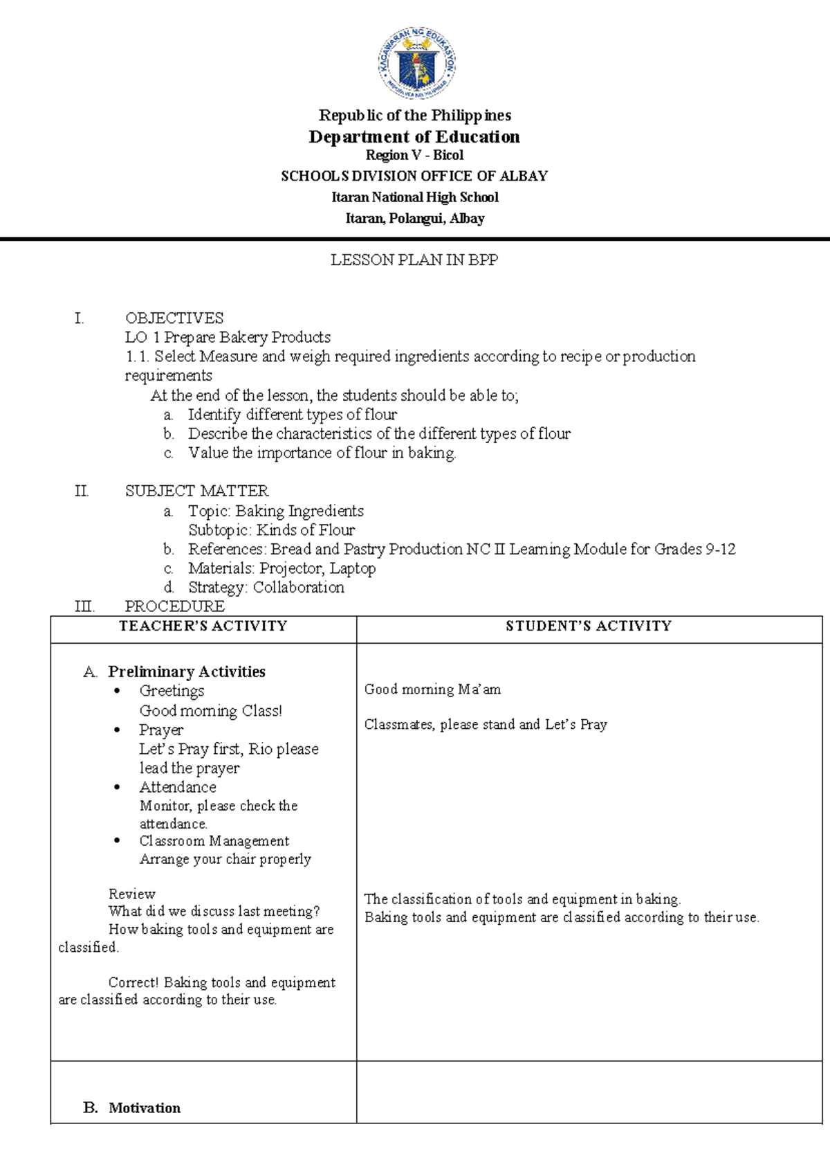 Detailed Lesson Plan BPP Q1 L3 - Republic of the Philippines Department ...