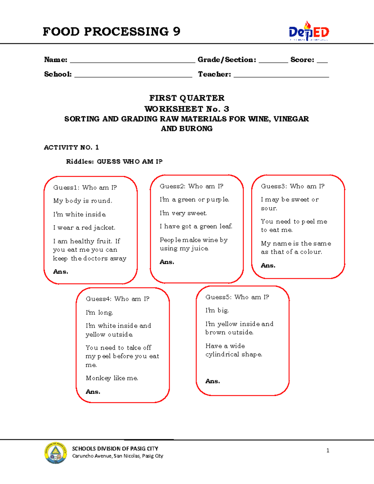 Sptve 9-FOOD Processing TECH9-Q1-DW3 - 1 FOOD PROCESSING 9 SCHOOLS ...