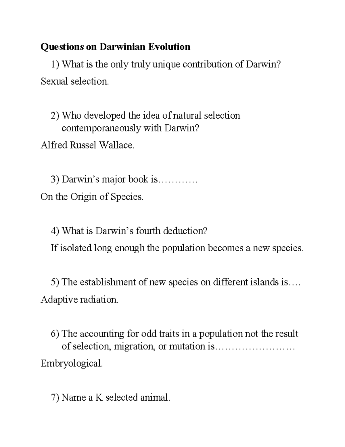 Questions on Darwinian Evolution - 2) Who developed the idea of natural ...