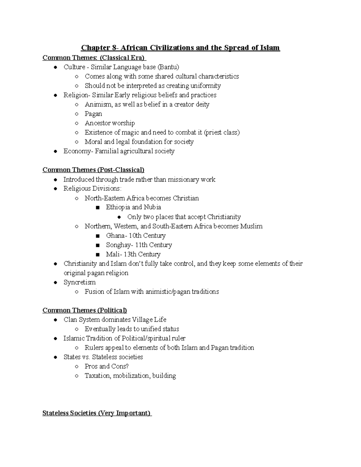 Chapter 8 African Civilizations and the Spread of Islam - Stateless ...