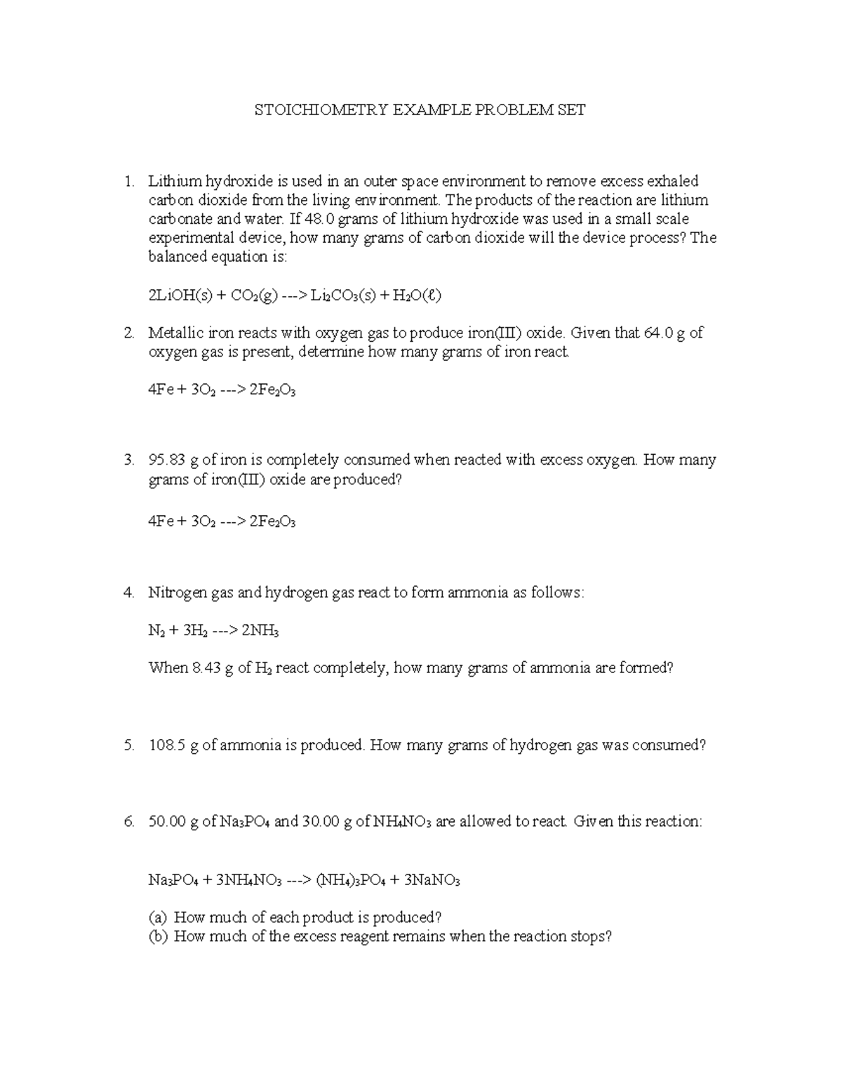 Stoichiometry Example Problem SET - STOICHIOMETRY EXAMPLE PROBLEM SET ...