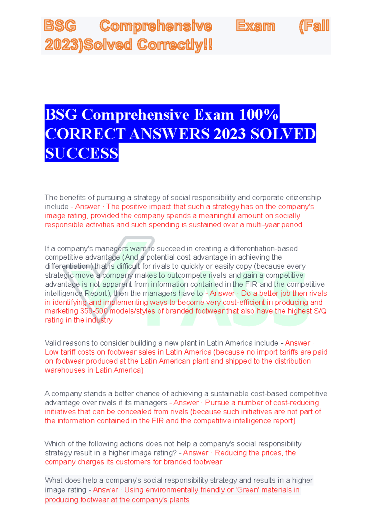 Bsg comprehensive exam fall 2023 solved correctly - BSG Comprehensive ...