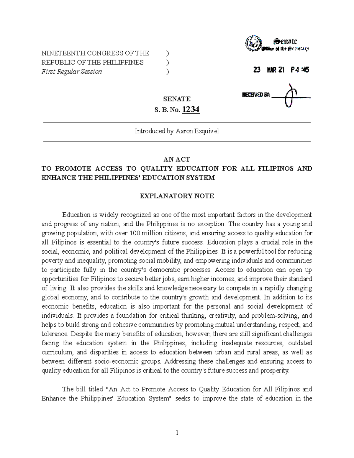 Esquivel, Aaron PPGC Bill Proposal - NINETEENTH CONGRESS OF THE ...