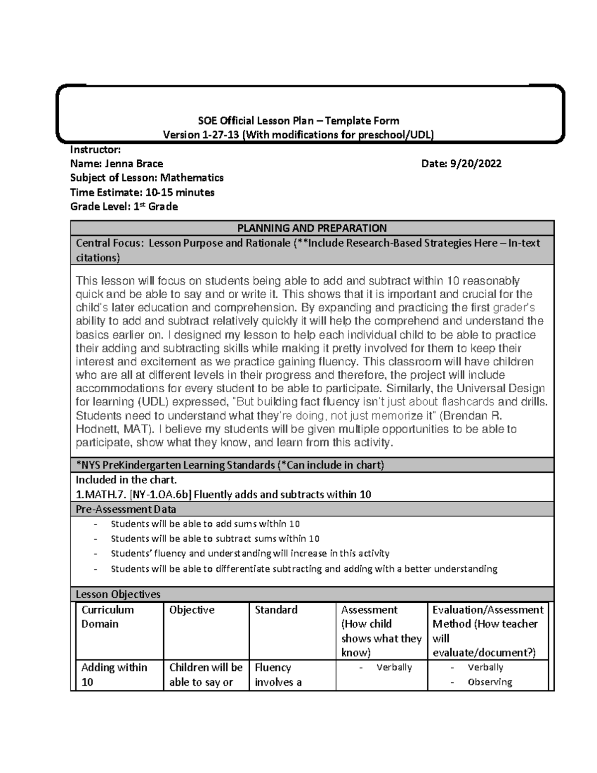 SOE Official Lesson Plan – Template Form modified for early childhood ...