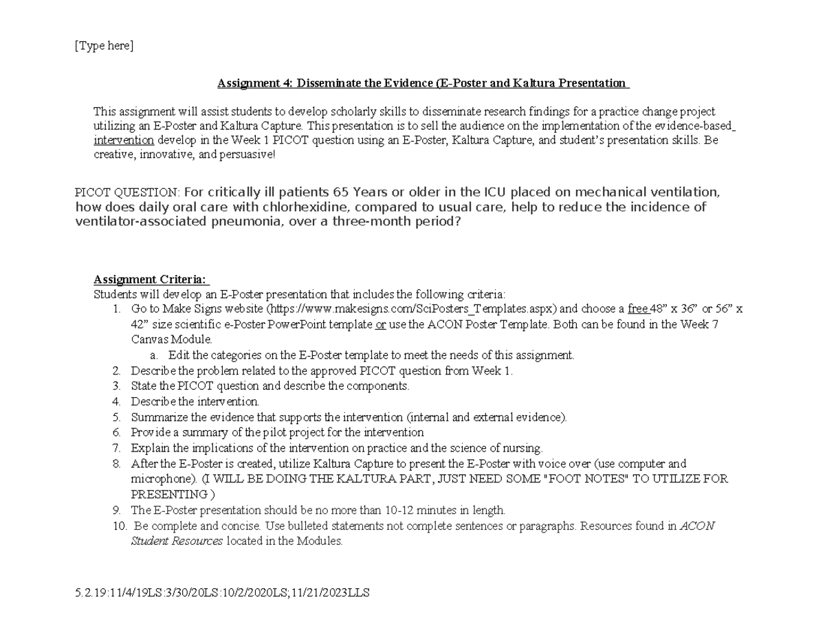 Nsg 51111 assignment 4 rubric - Assignment 4: Disseminate the Evidence ...