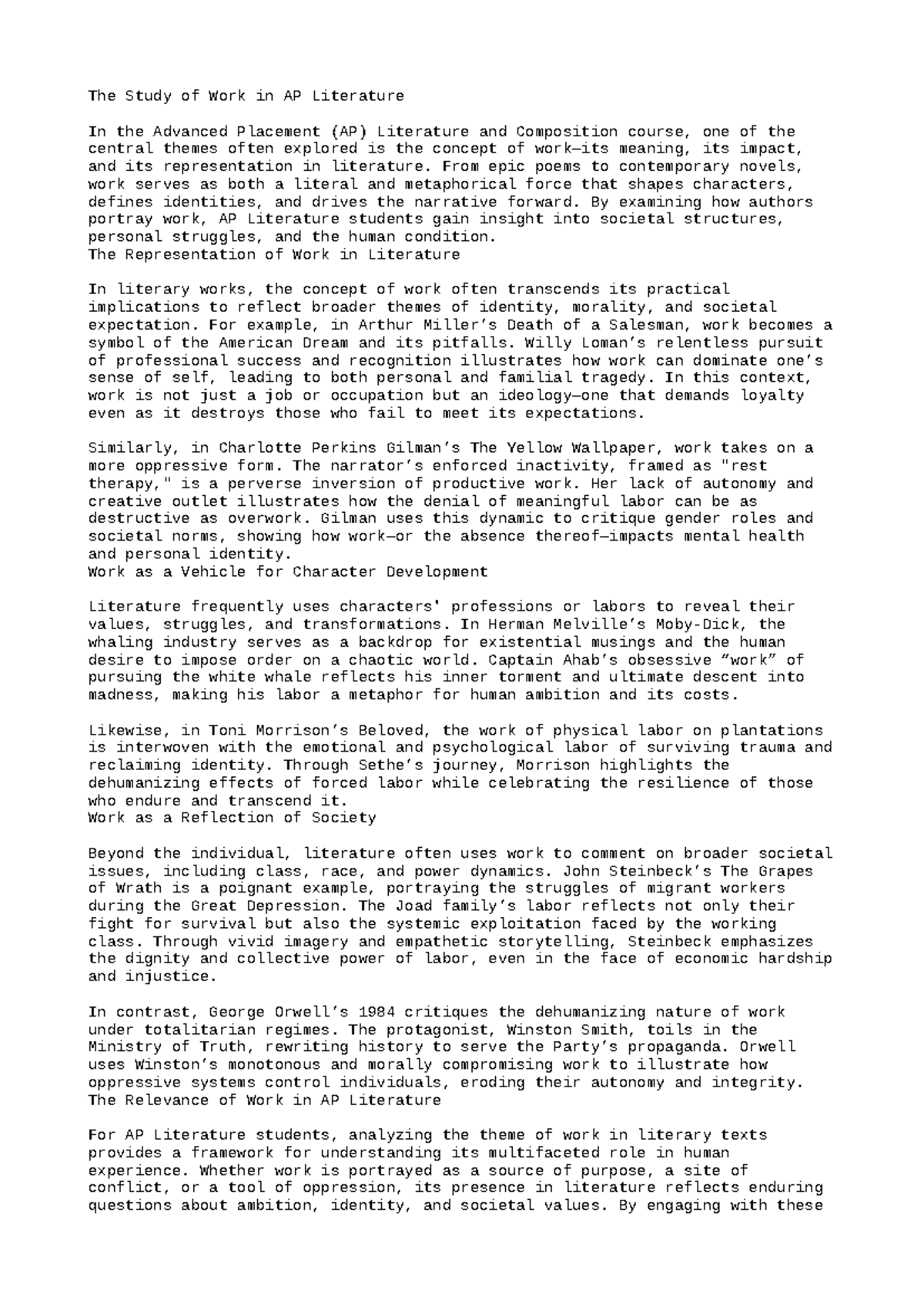 Ap lit work - elqgeglvvrlw - The Study of Work in AP Literature In the ...