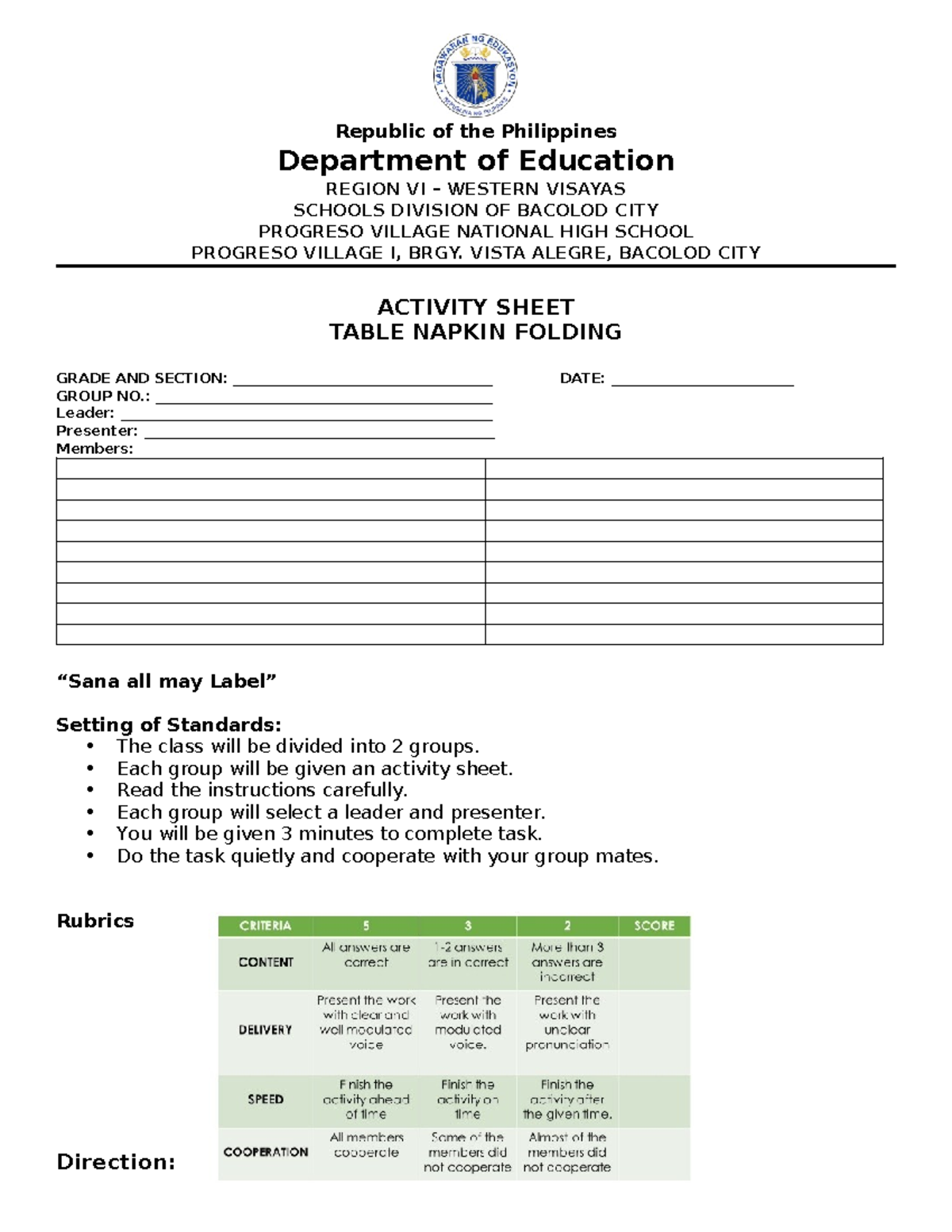Table Napkin Folding Activity Sheet - Republic of the Philippines ...