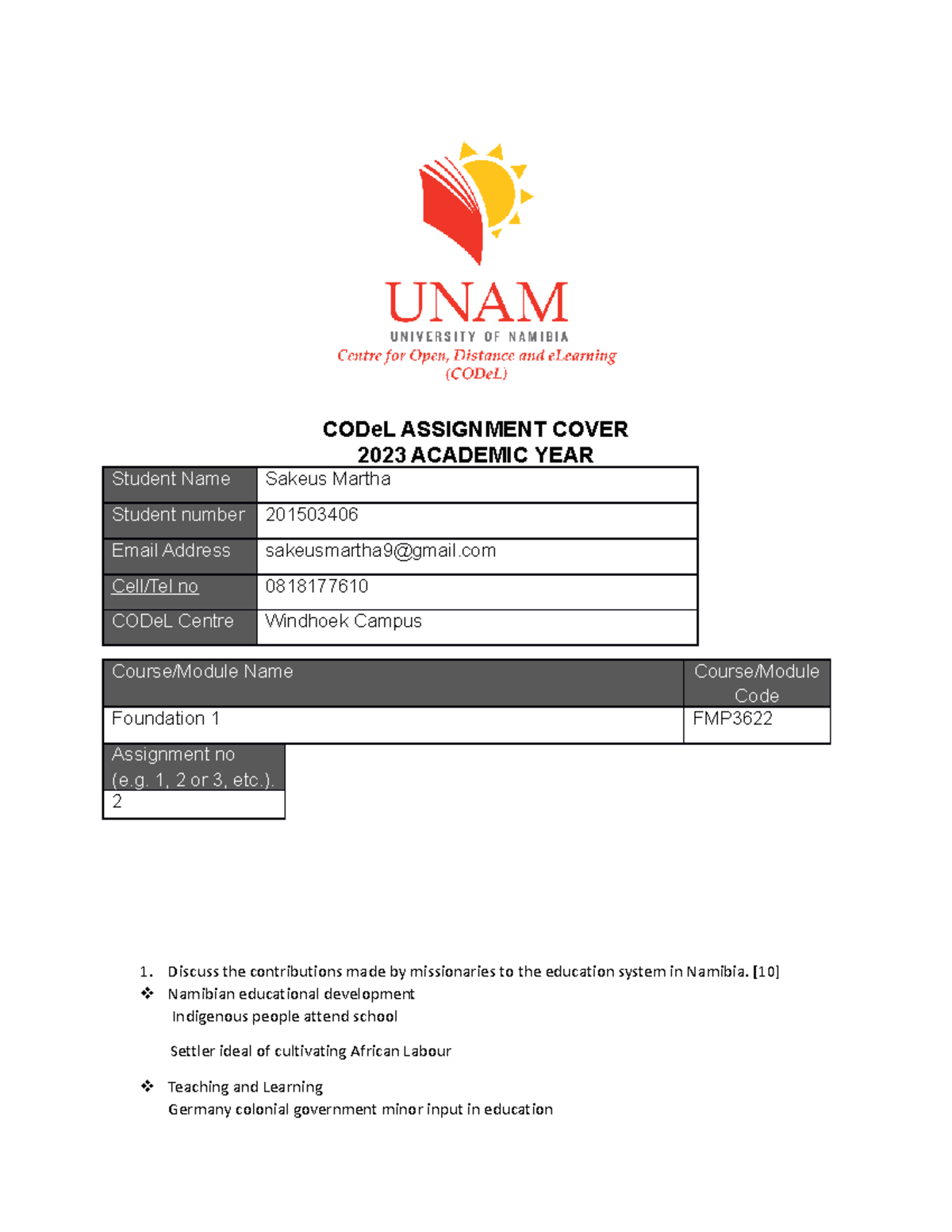 Foundation 1 - CODeL ASSIGNMENT COVER 2023 ACADEMIC YEAR Course/Module ...