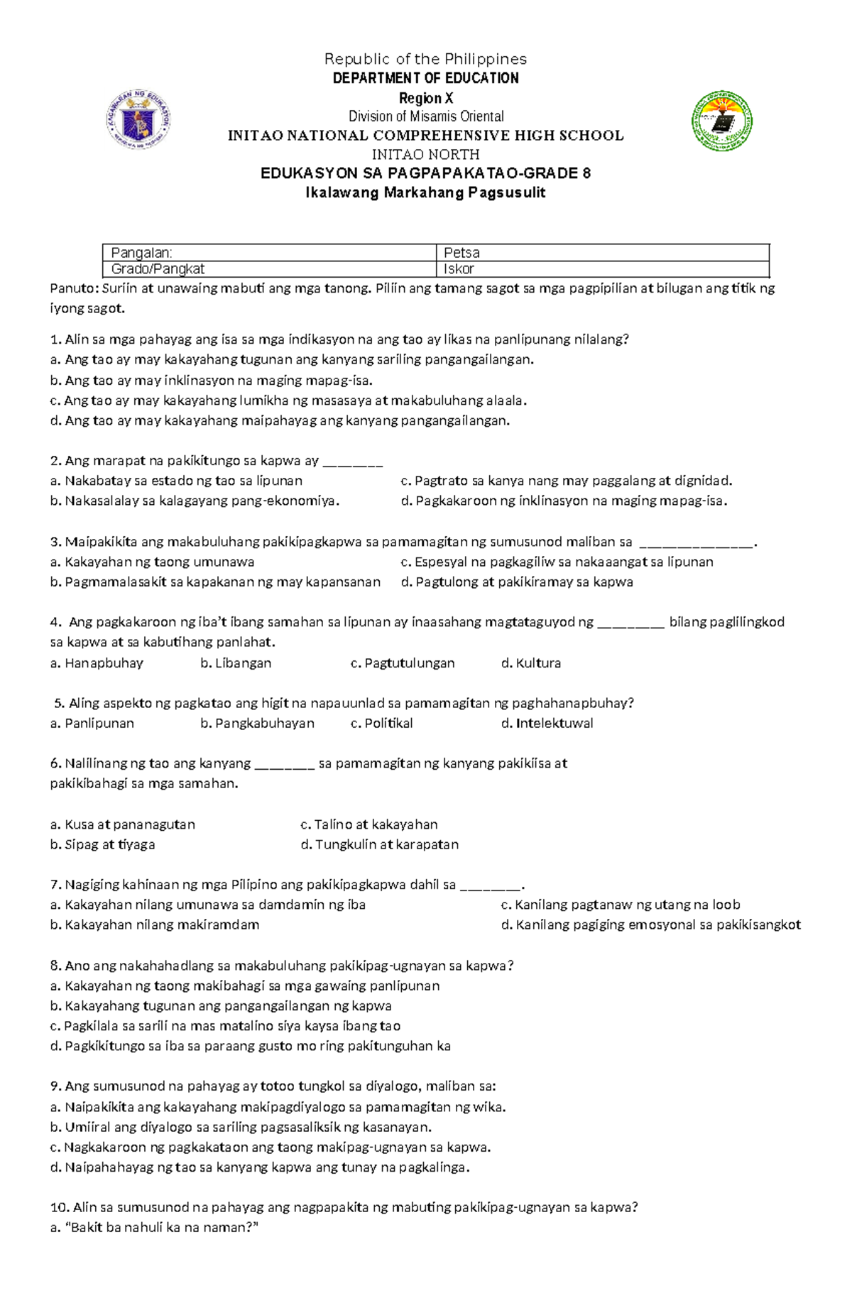 Exam Q2 final - Republic of the Philippines DEPARTMENT OF EDUCATION ...