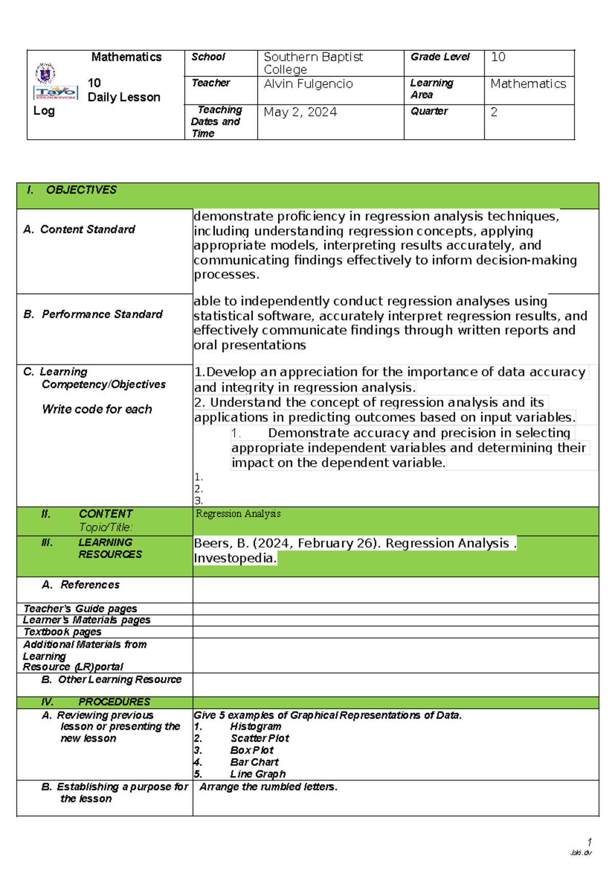 7es lesson plan template 1pdf - 1 Mathematics School Southern Baptist ...