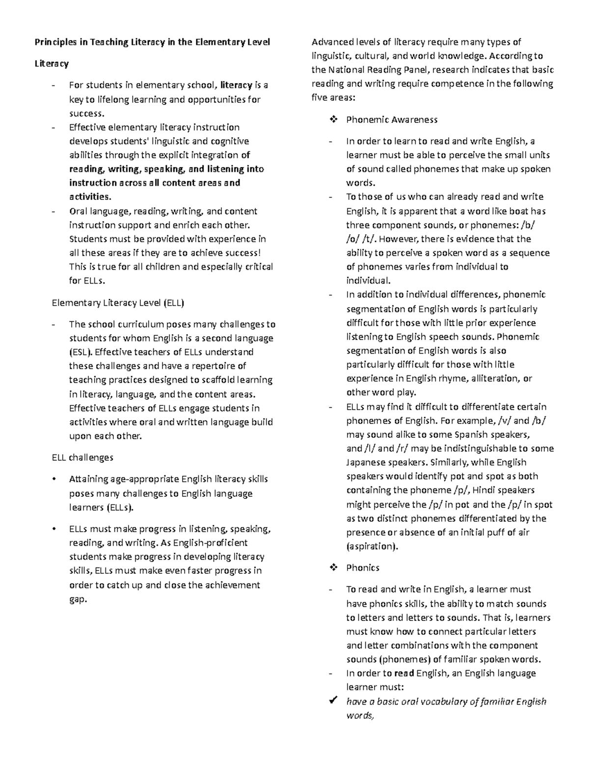 Principles in Teaching Literacy in the Elementary Level - Principles in ...