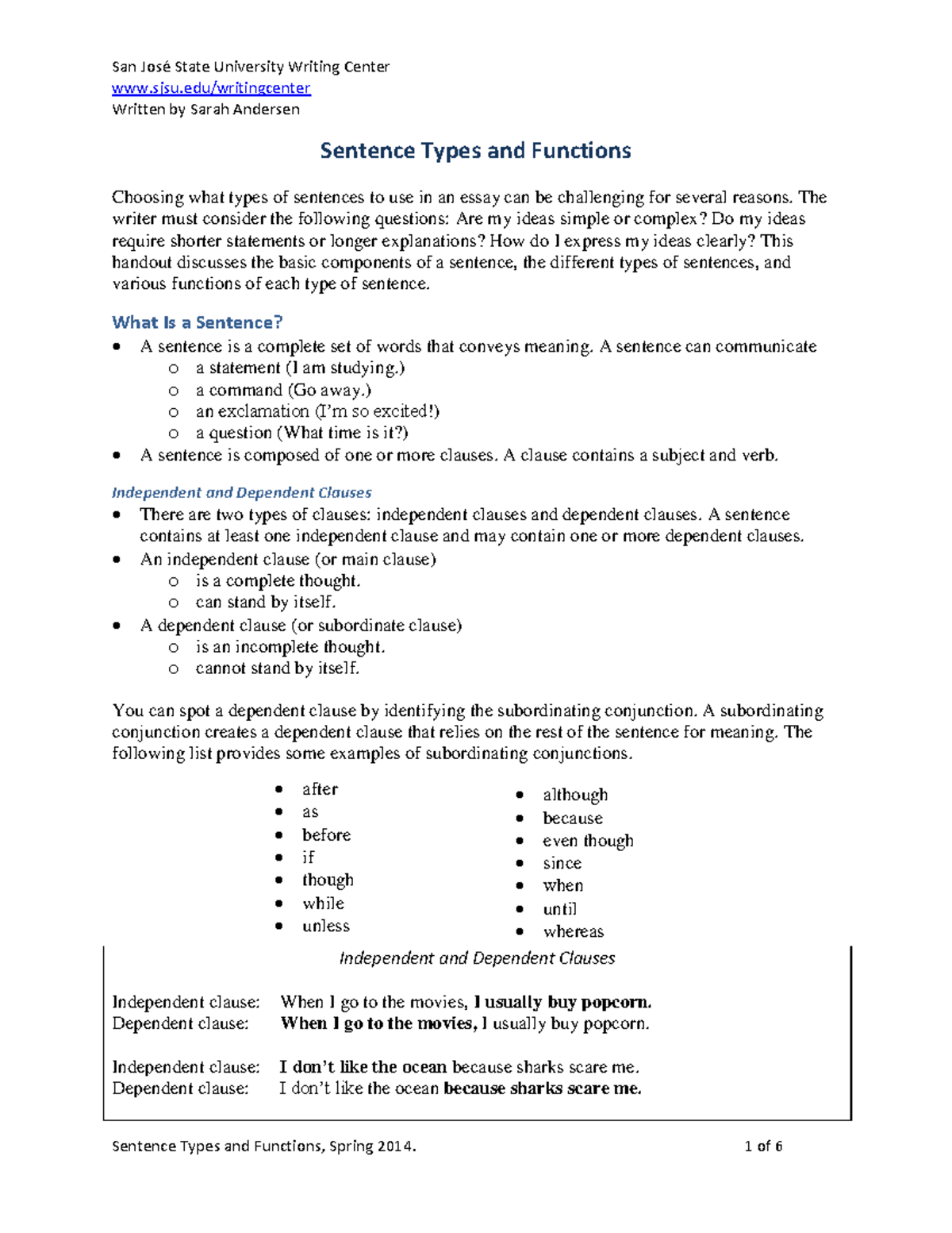 Sentence Types and Functions - San José State University Writing Center ...
