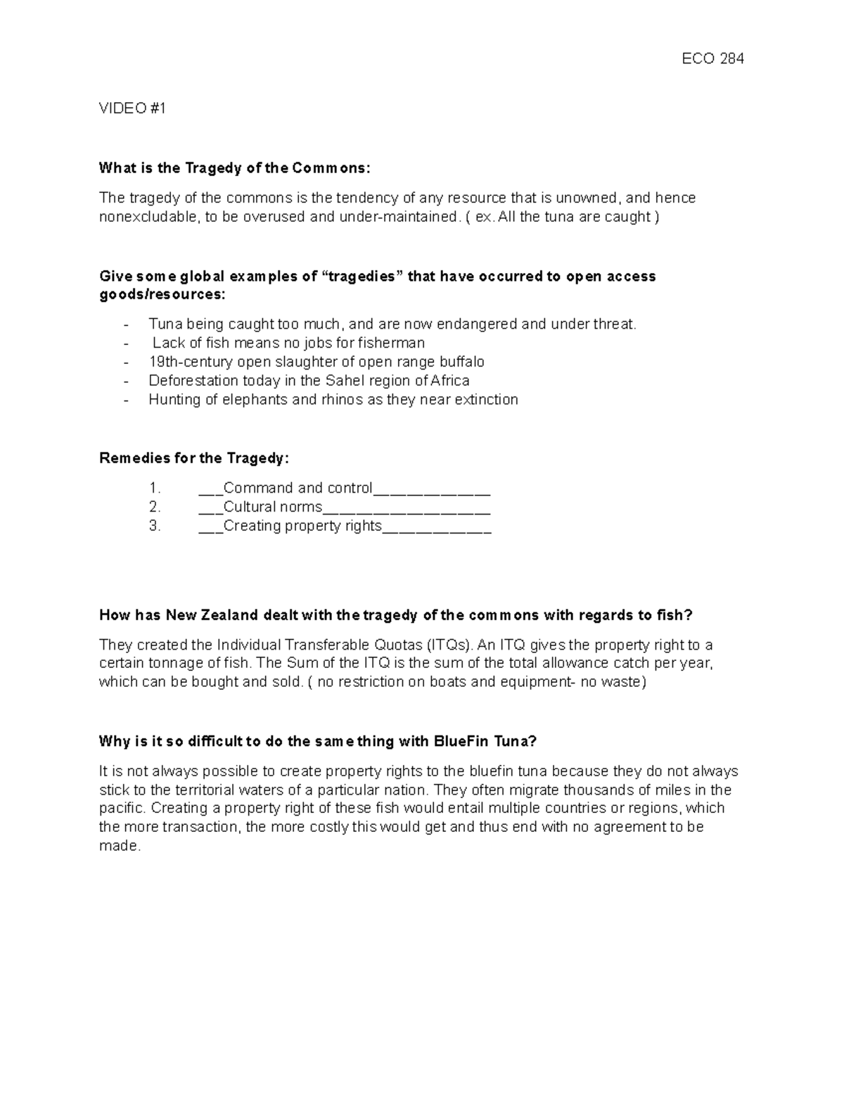 ECO worksheet 2-videos - ECO 284 VIDEO What is the Tragedy of the ...