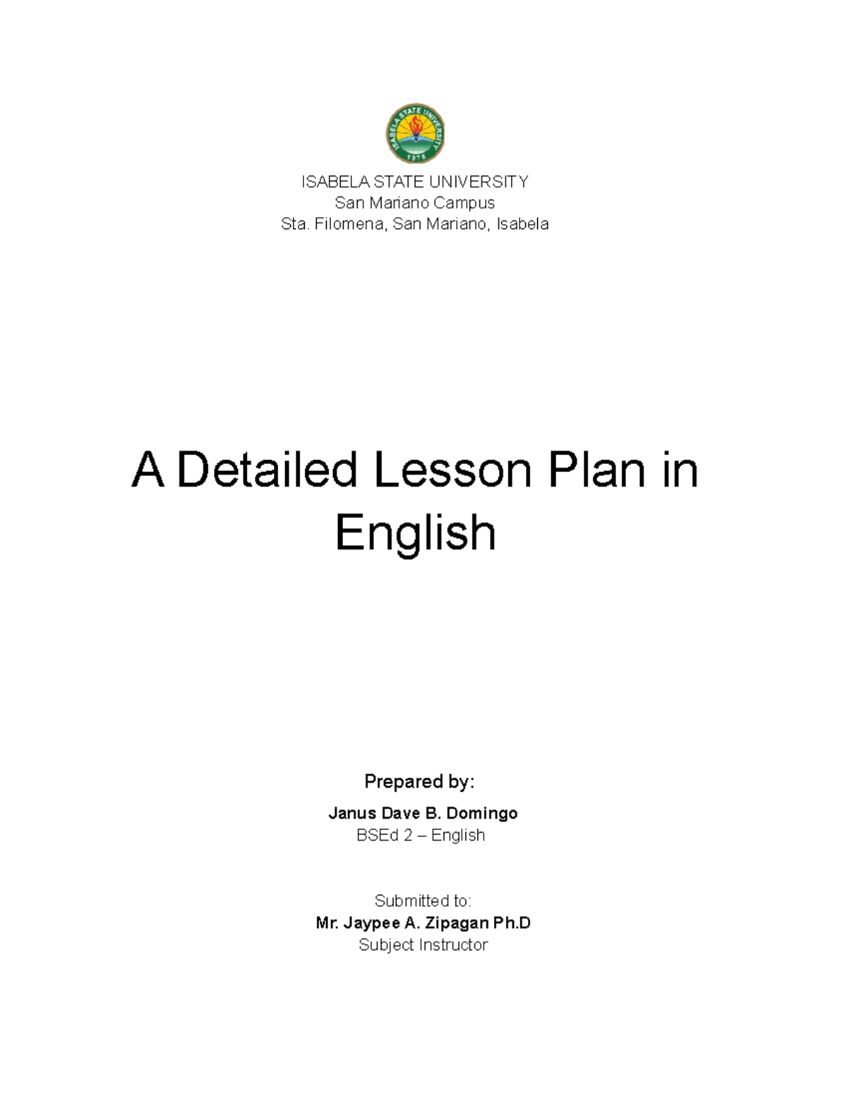 LESSON PLAN IN ENGLISH - ISABELA STATE UNIVERSITY San Mariano Campus ...