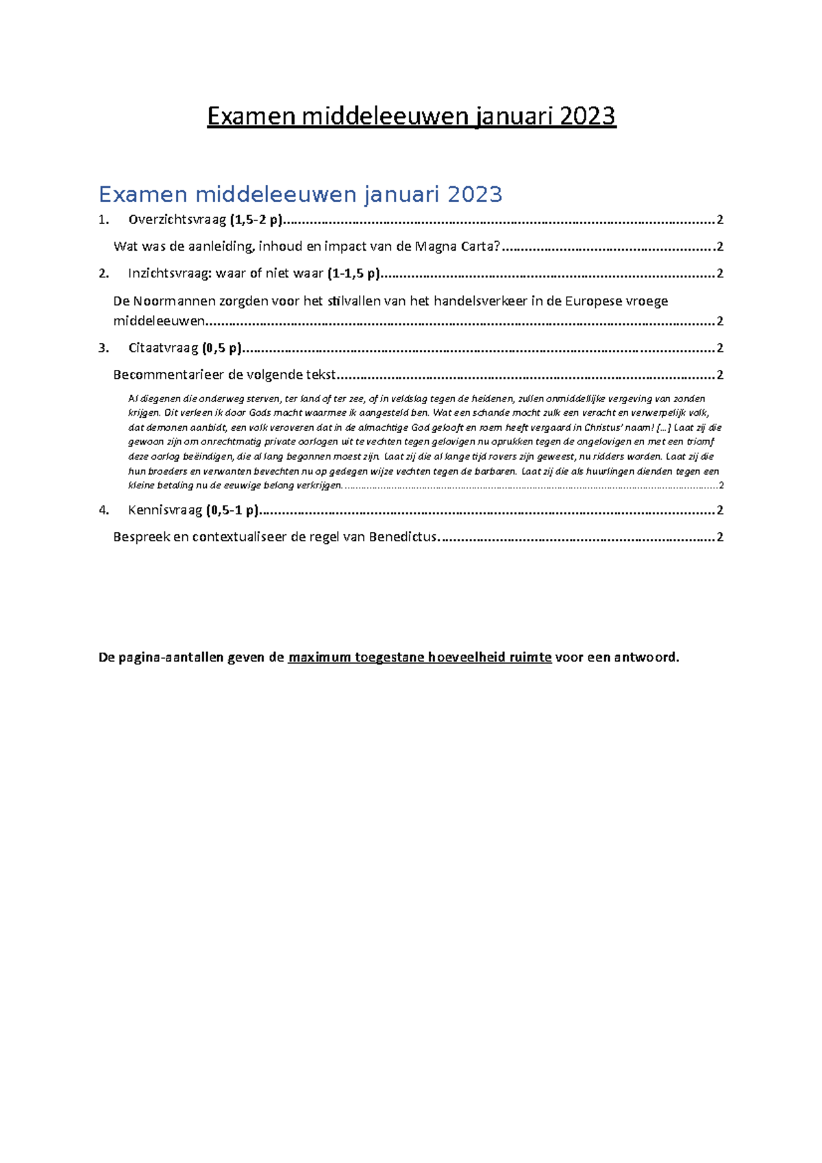 Examen middeleeuwen januari 2023 - Overzichtsvraag (1,5-2 - Studocu