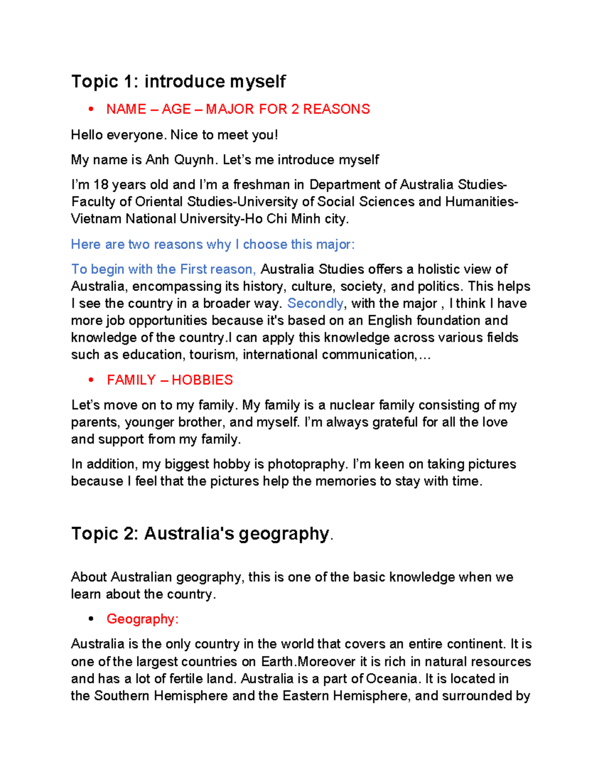 Bản sao Topic thi speaking - Topic 1: introduce myself NAME – AGE ...