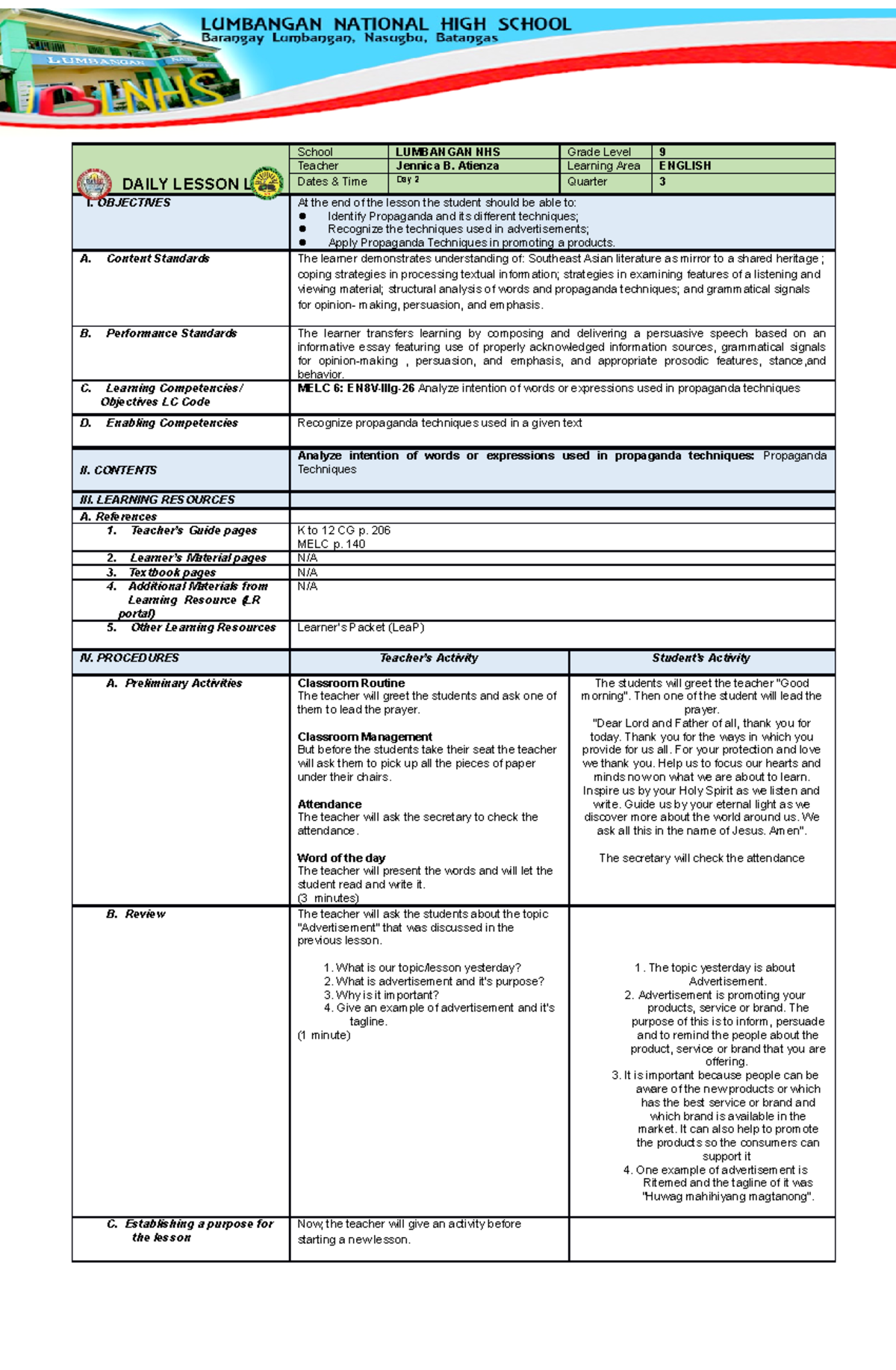 Propaganda 2 - lesson plan - DAILY LESSON LOG Teacher Jennica B ...
