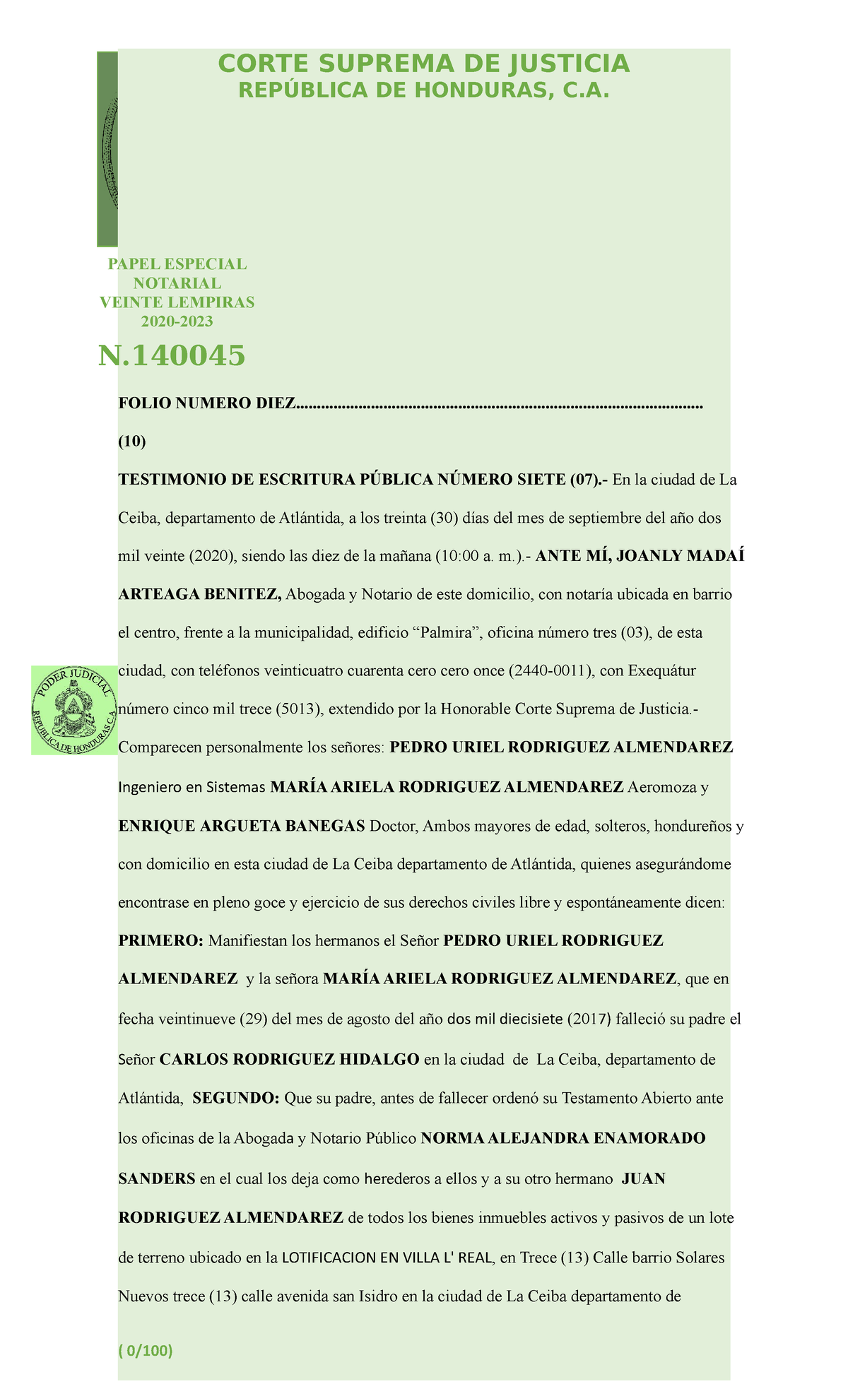 CASO #2 Notariado II - CORTE SUPREMA DE JUSTICIA REPÚBLICA DE HONDURAS ...