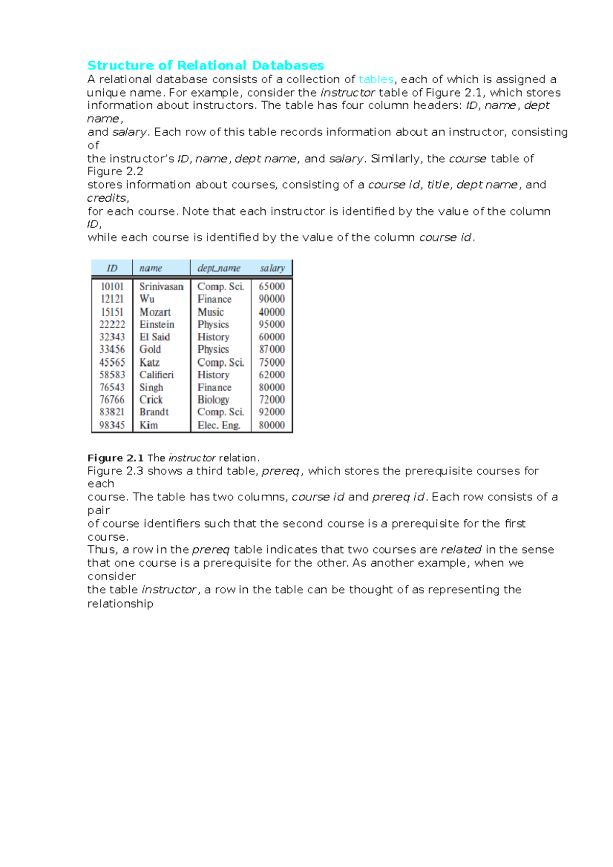 Structure Of Relational Databases For Example Consider The Instructor Table Of Figure 2