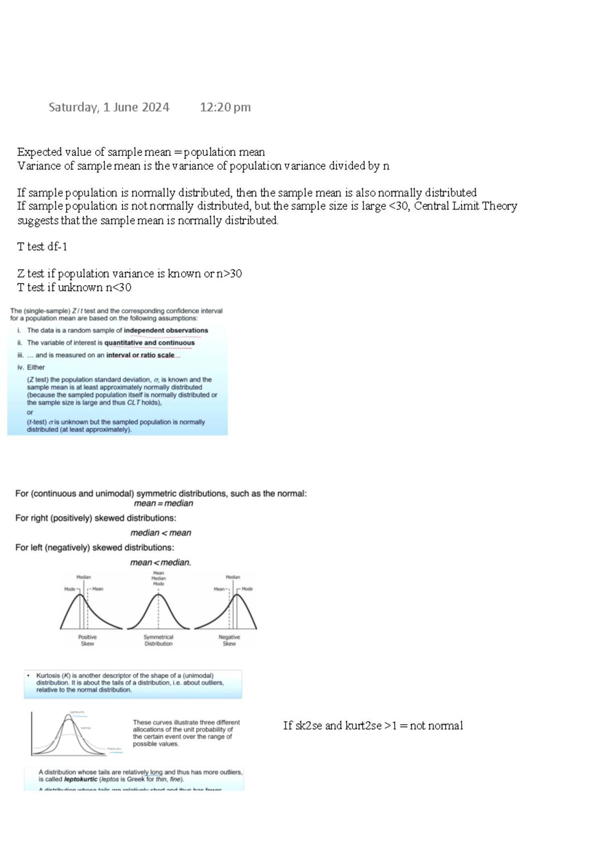 Qm2 notes - week 1-6 - Expected value of sample mean = population mean ...