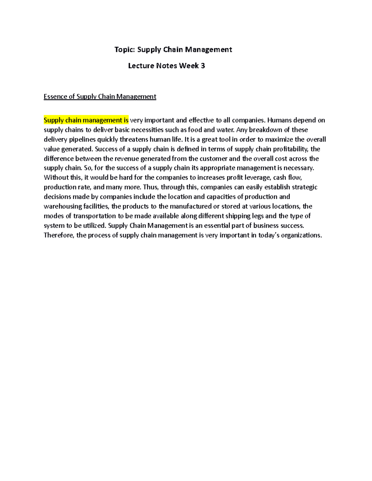 Supply chain management - Topic: Supply Chain Management Lecture Notes ...