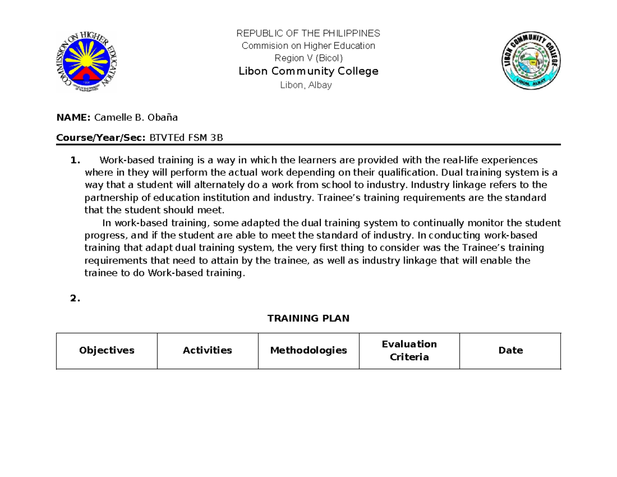 Camelle Obaña Training Plan - Commision on Higher Education Region V ...