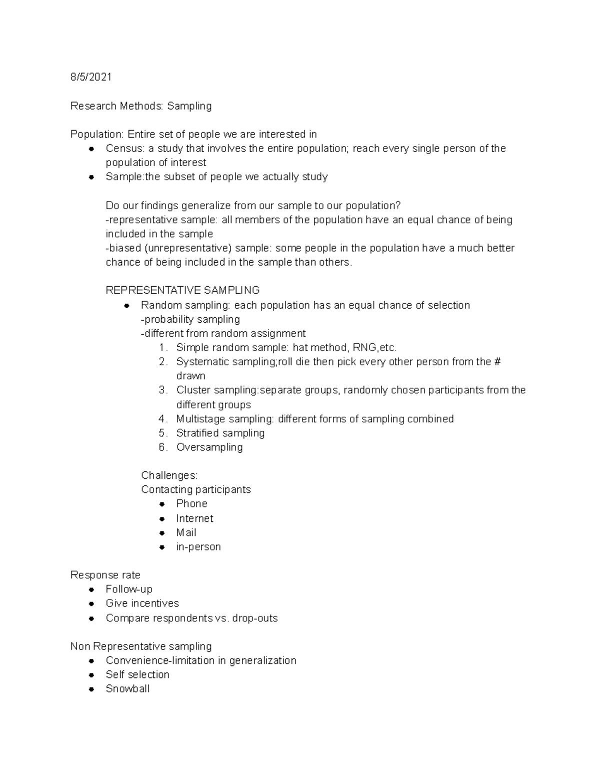 PSYCHOLOGY 012 Lec #8 - 8/5/ Research Methods: Sampling Population ...