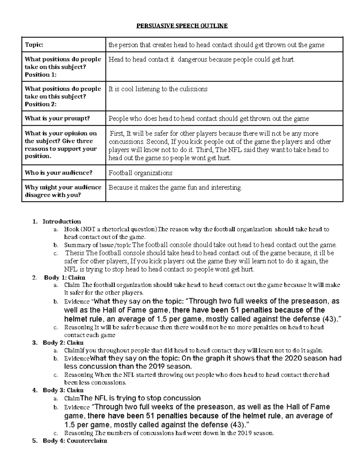 Persuasive Speech Outline - PERSUASIVE SPEECH OUTLINE Topic: the person ...