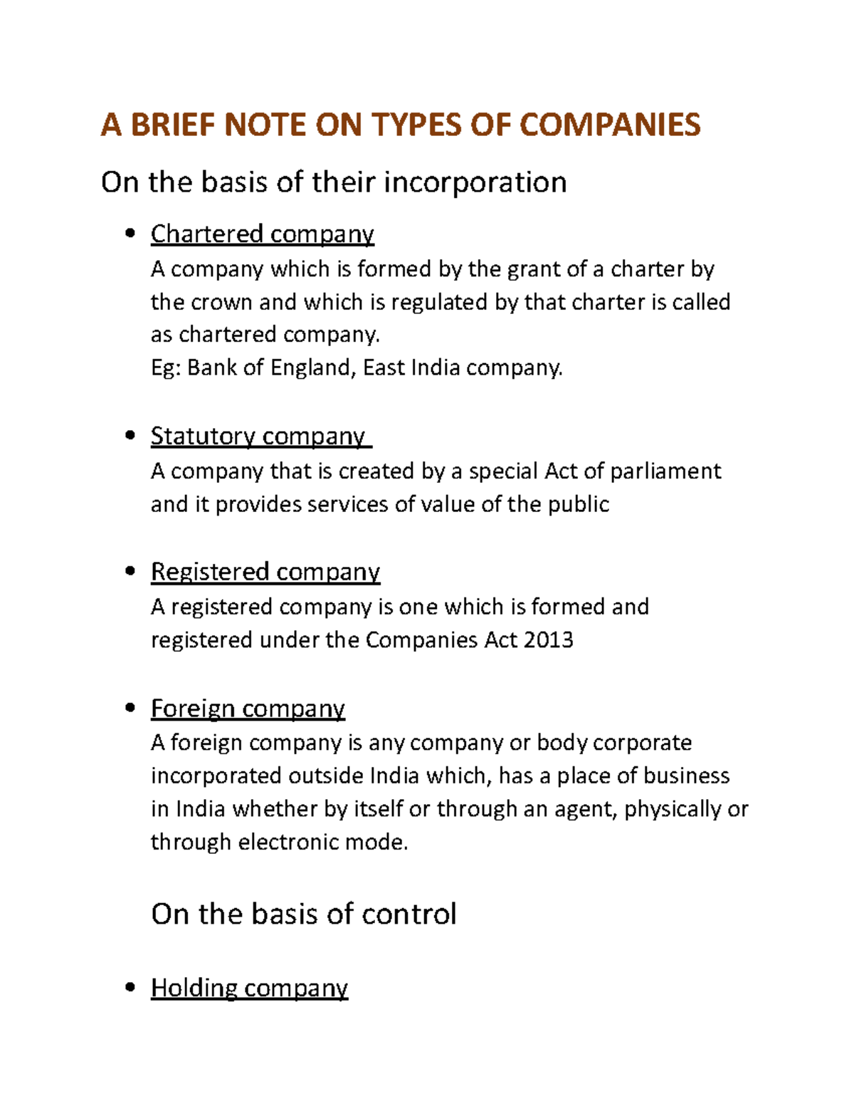 Breif note on types of companies - A BRIEF NOTE ON TYPES OF COMPANIES ...
