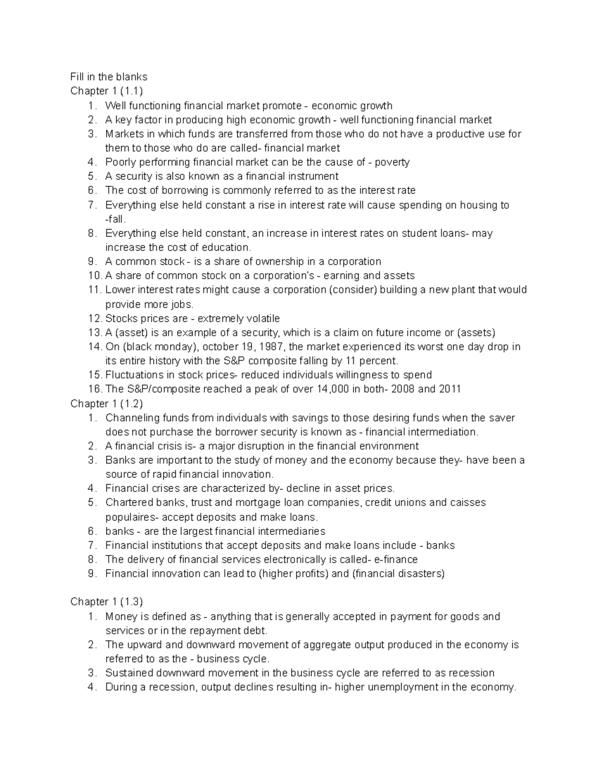 Fill in the blanks - important notes - Fill in the blanks Chapter 1 (1 ...