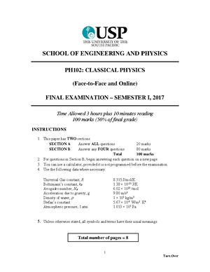 PH102 Exam (2019 ) - test papers - USP THE UNI\iERSITY OF THE SOUTH ...