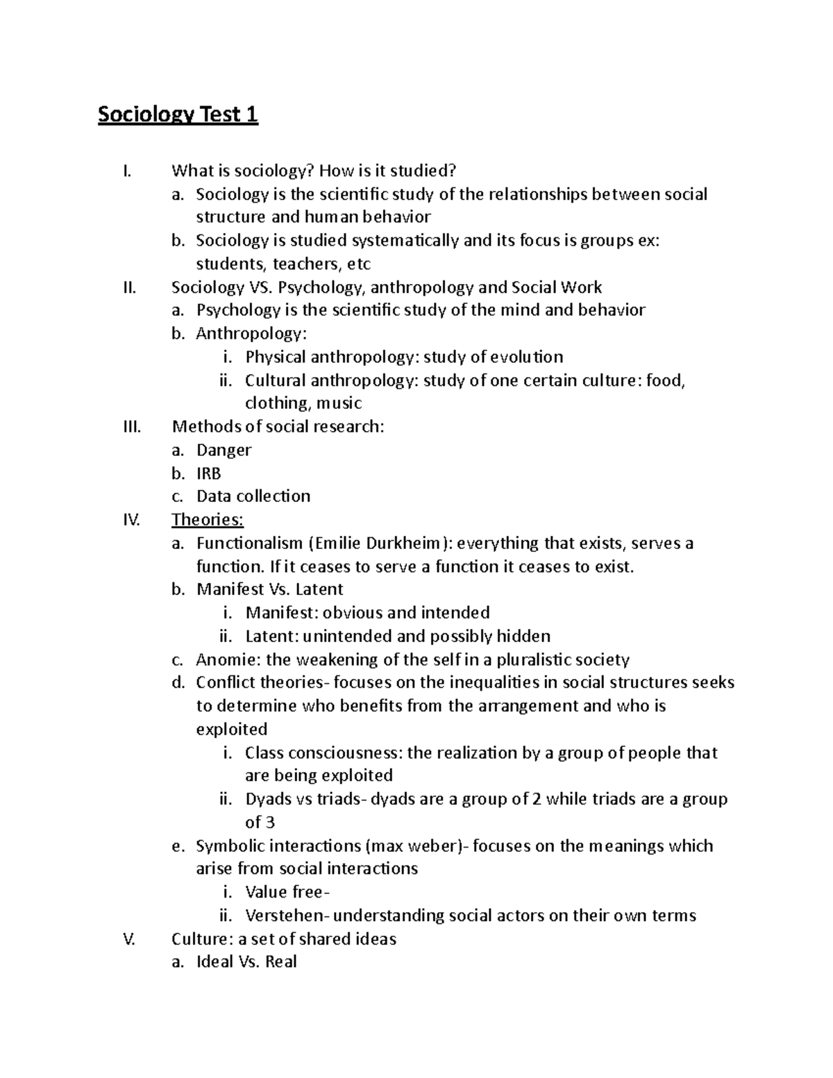 Sociology Test 1 - study guide of soci final - Sociology Test 1 I. What ...