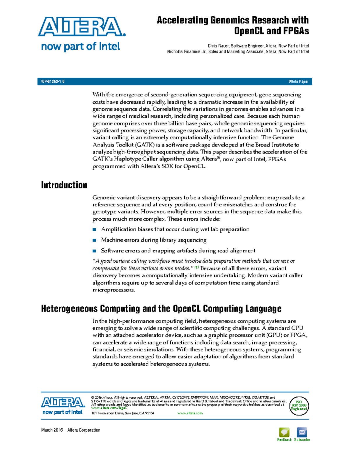 Wp 01262 accelerating genomics research with opencl and fpgas - March 2016 Altera Corporation ...