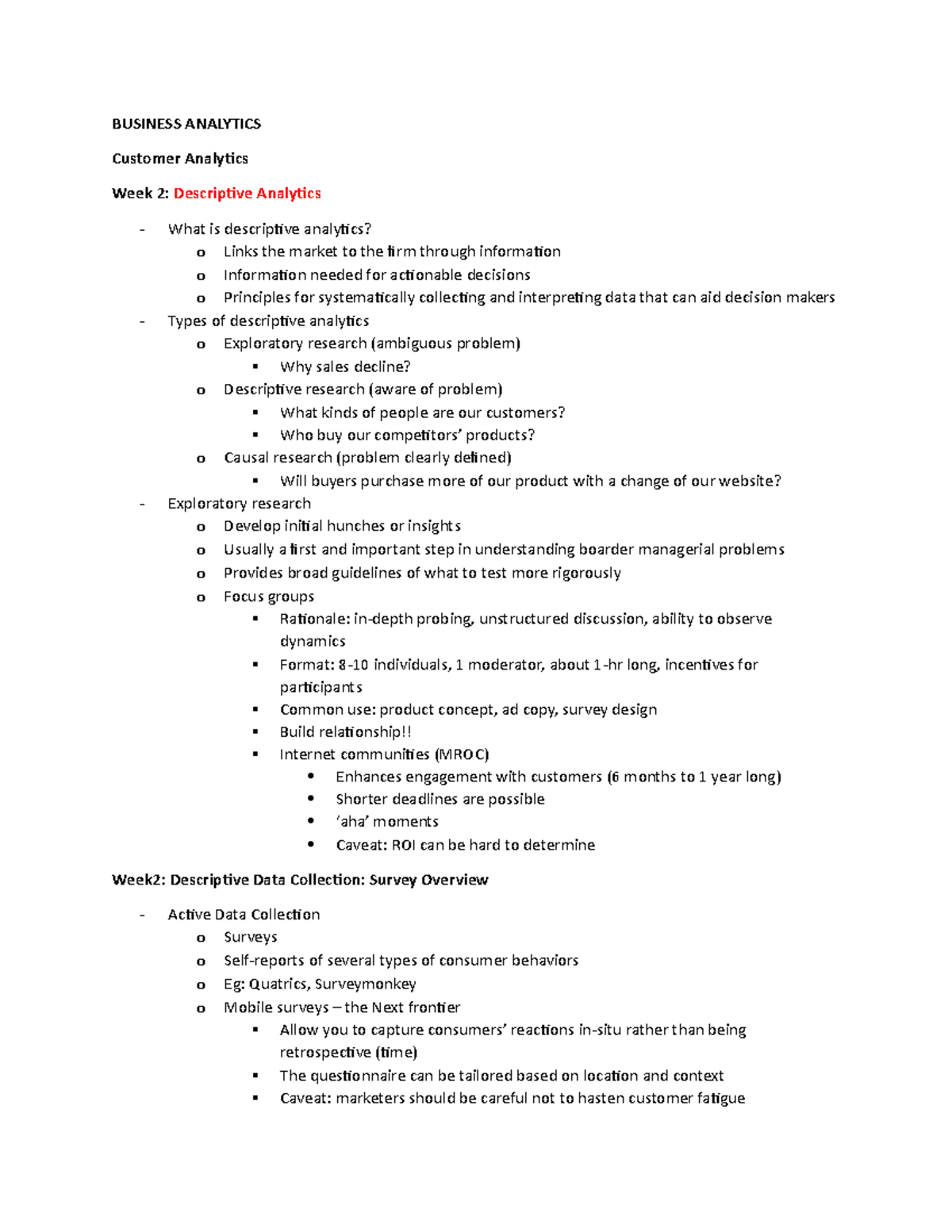 Business Analytics - BUSINESS ANALYTICS Customer Analytics Week 2 ...