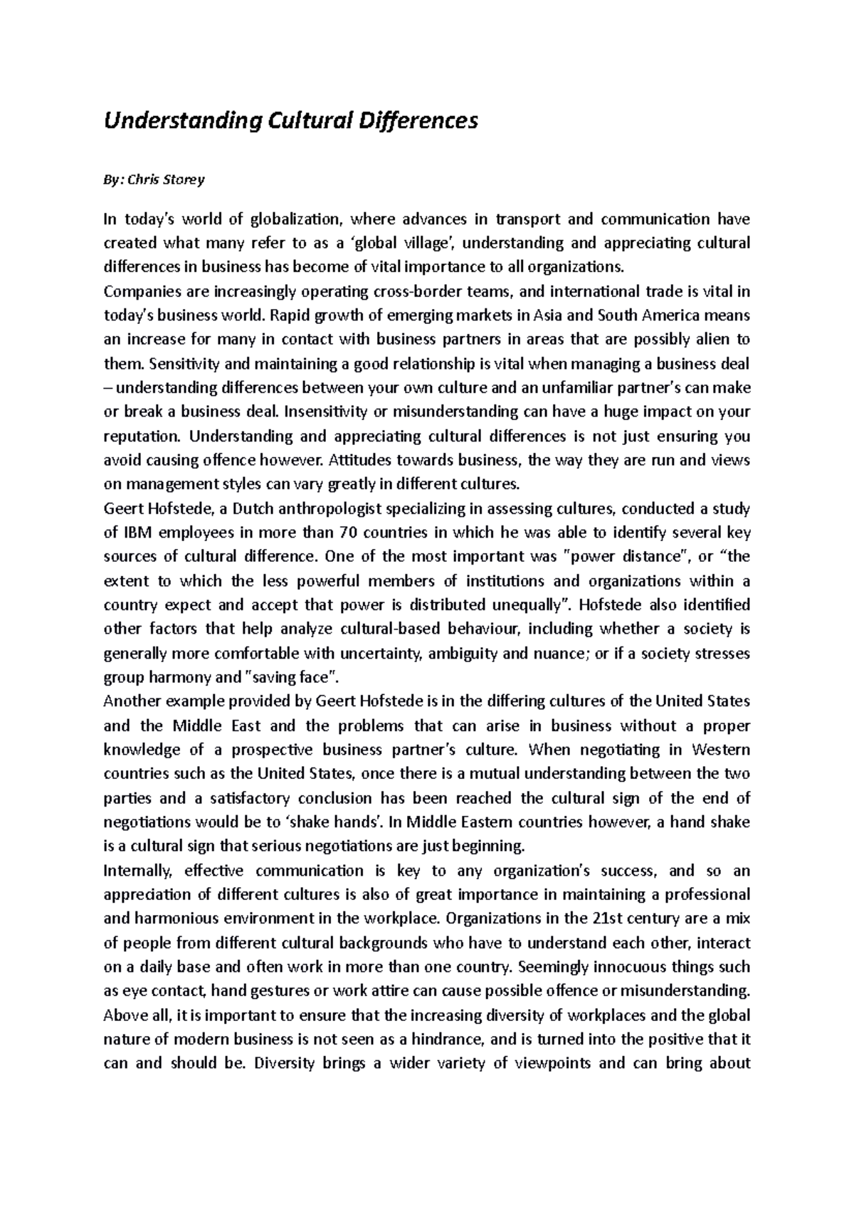 Understanding Cultural Differences - Companies are increasingly ...