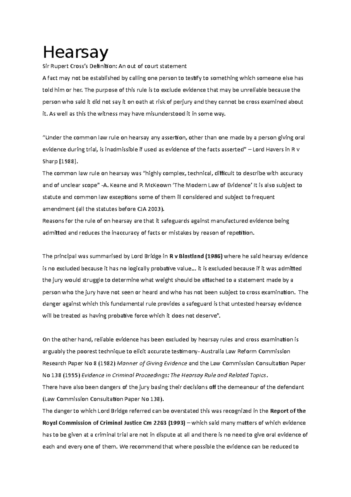 Hearsay part II - Hearsay Sir Rupert Cross’s Definition: An out of ...