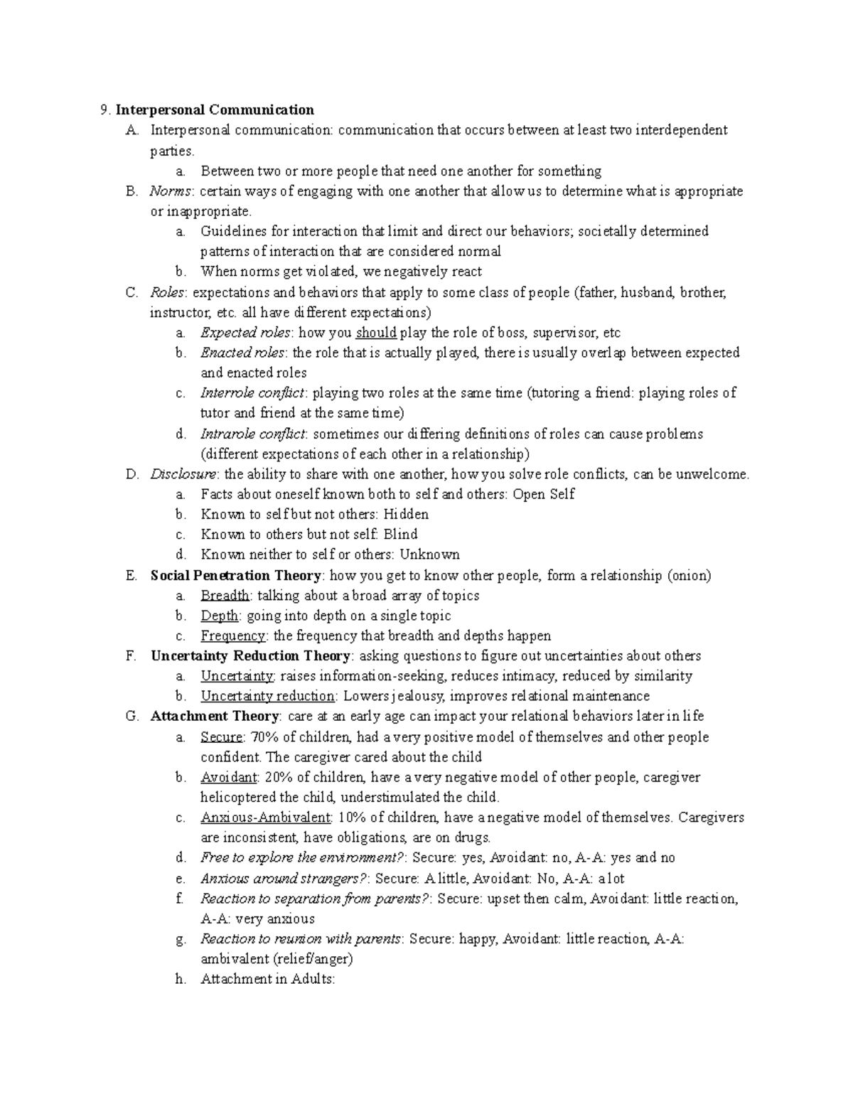 Comm 1000 2 - Lecture notes 9-15 - Interpersonal Communication A ...