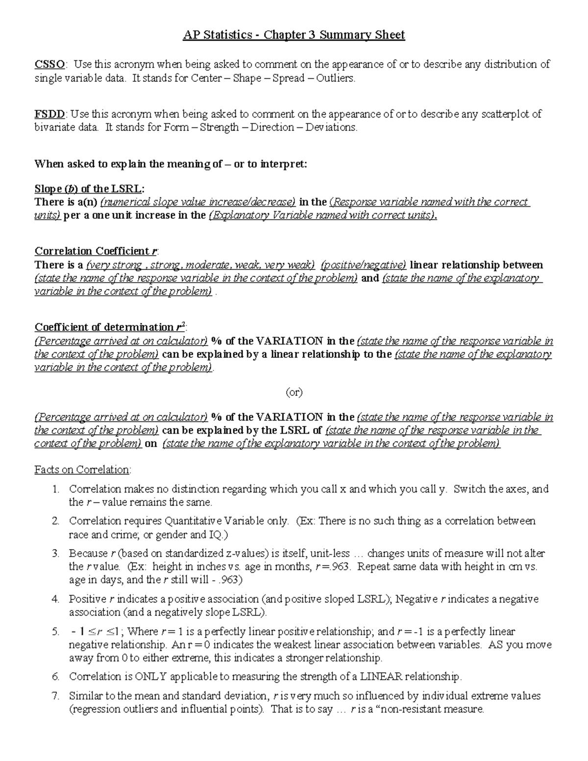 Chapter 3 review sheet - AP Statistics - Chapter 3 Summary Sheet CSSO ...